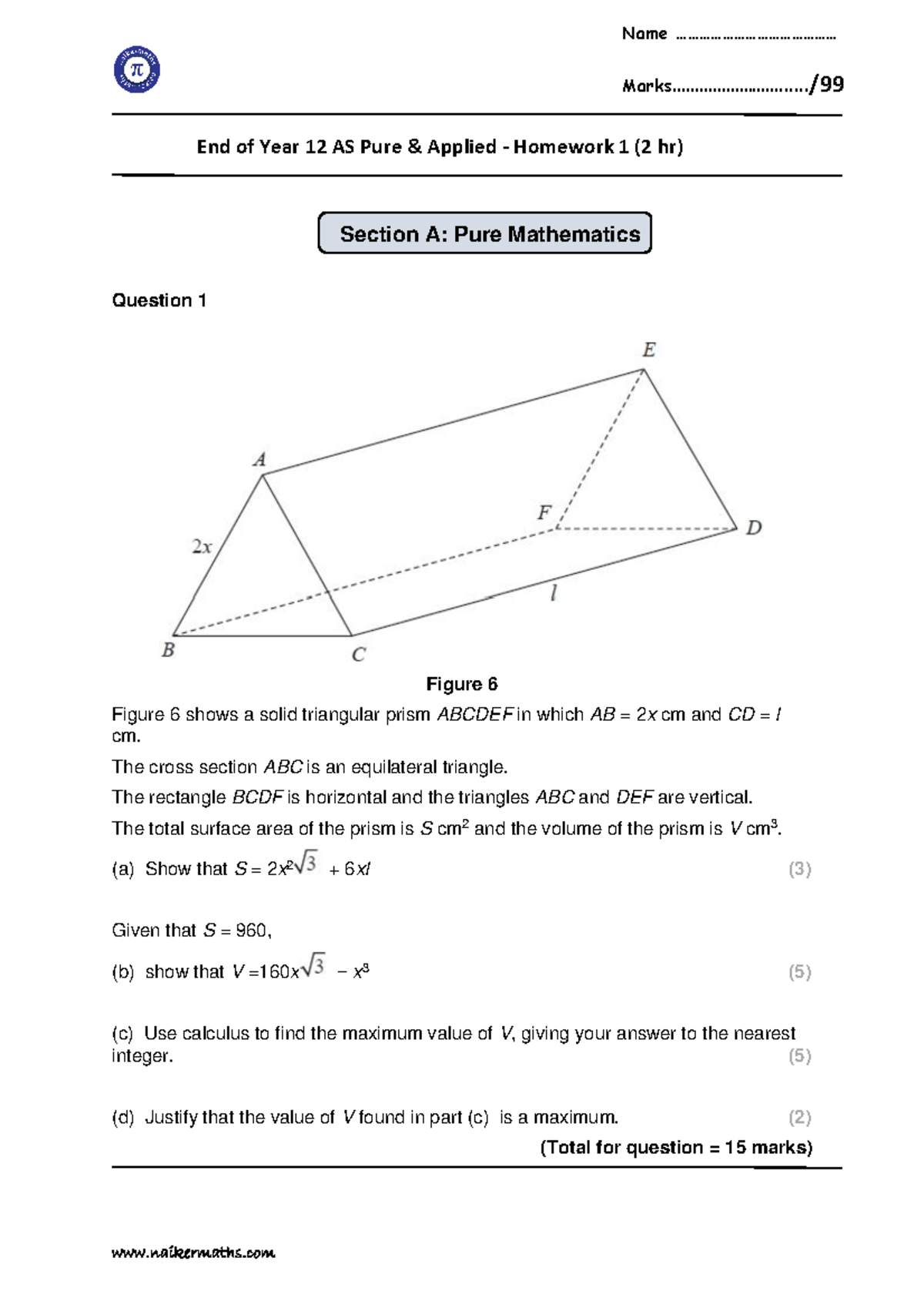 End of Year 12 AS Homework 1 - End of Year 12 AS Pure & Applied ...