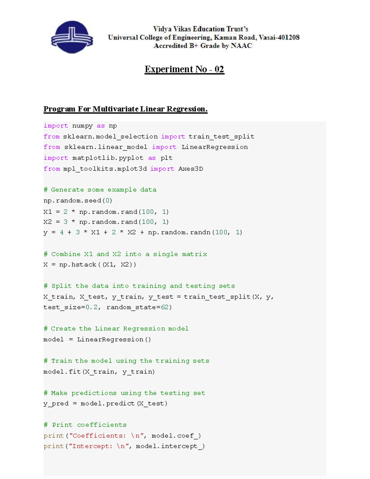 Ass2ml - Machine Learning Practical no 2 - Experiment No - 02 Program For Multivariate Linear ...