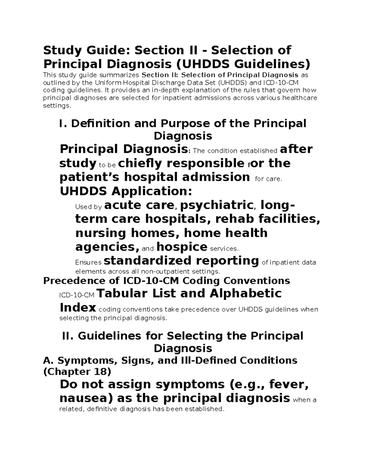Study Guide Section II - Selection of Principal Diagnosis - It provides ...
