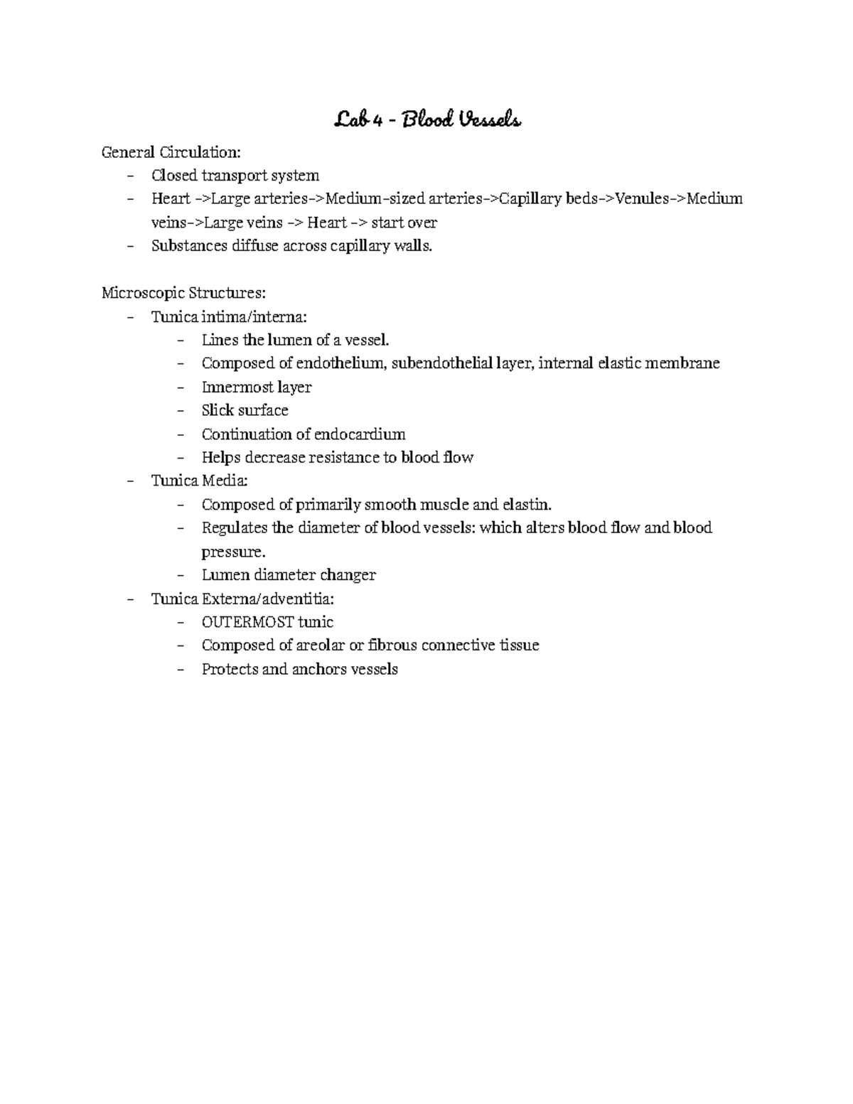 BSCI202 - lab study - notes - Lab 4 - Blood Vessels General Circulation ...