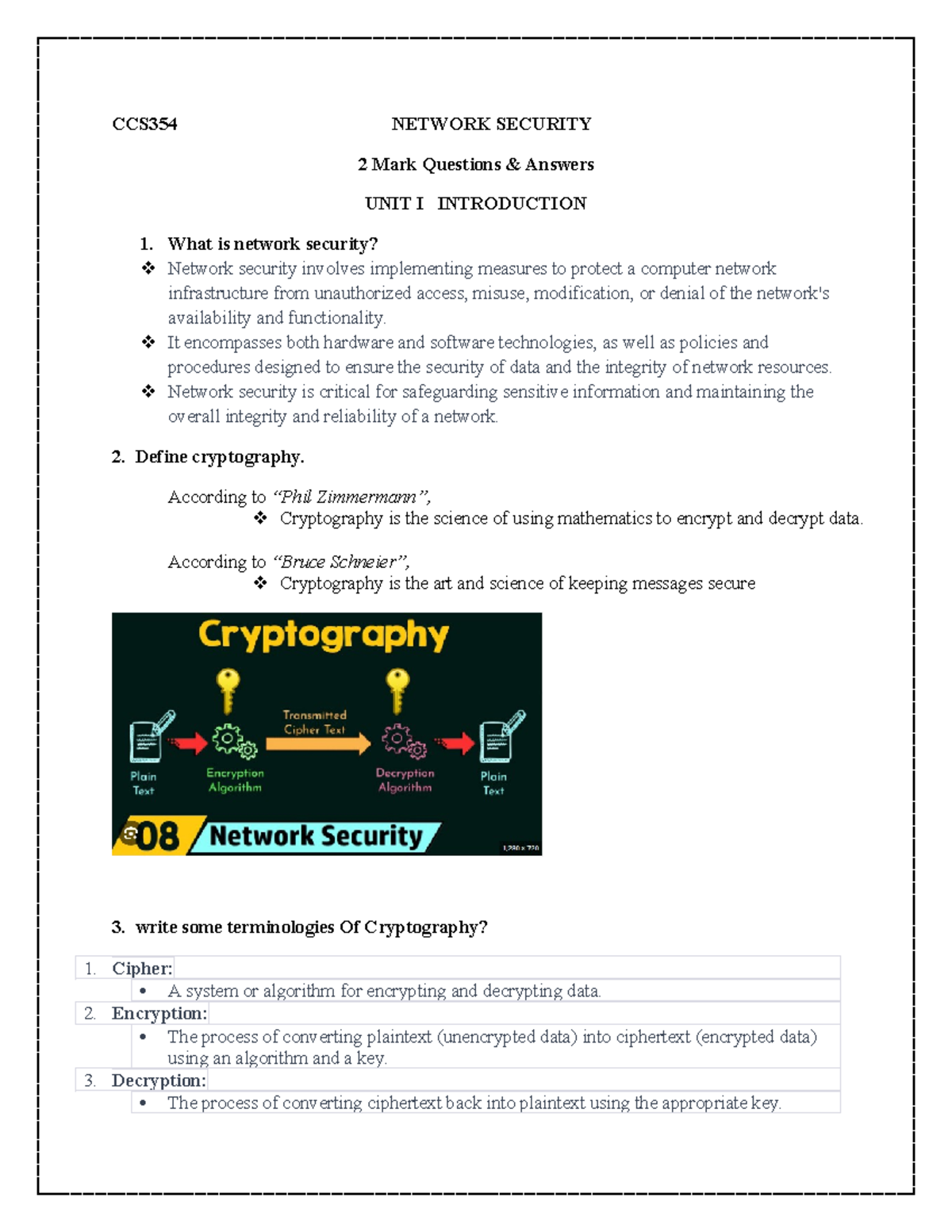 2 mark Q&A - CCS354 NETWORK SECURITY 2 Mark Questions & Answers UNIT I INTRODUCTION What is ...