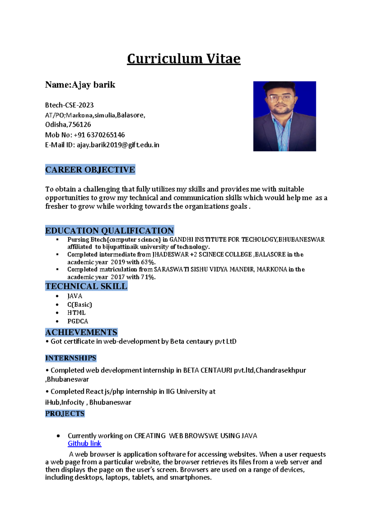 Software Engineering - Curriculum Vitae Name:Ajay barik Btech-CSE- AT ...