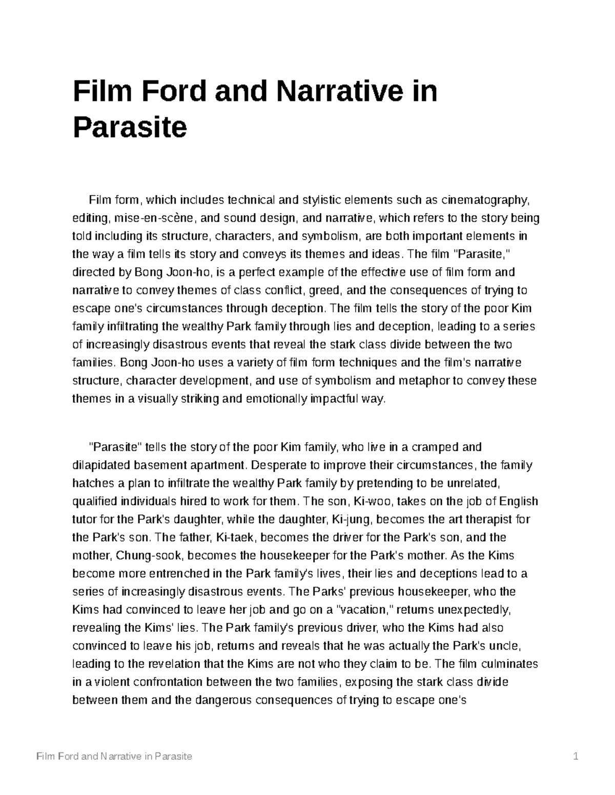 Film Ford and Narrative in Parasite - The film "Parasite," directed by ...