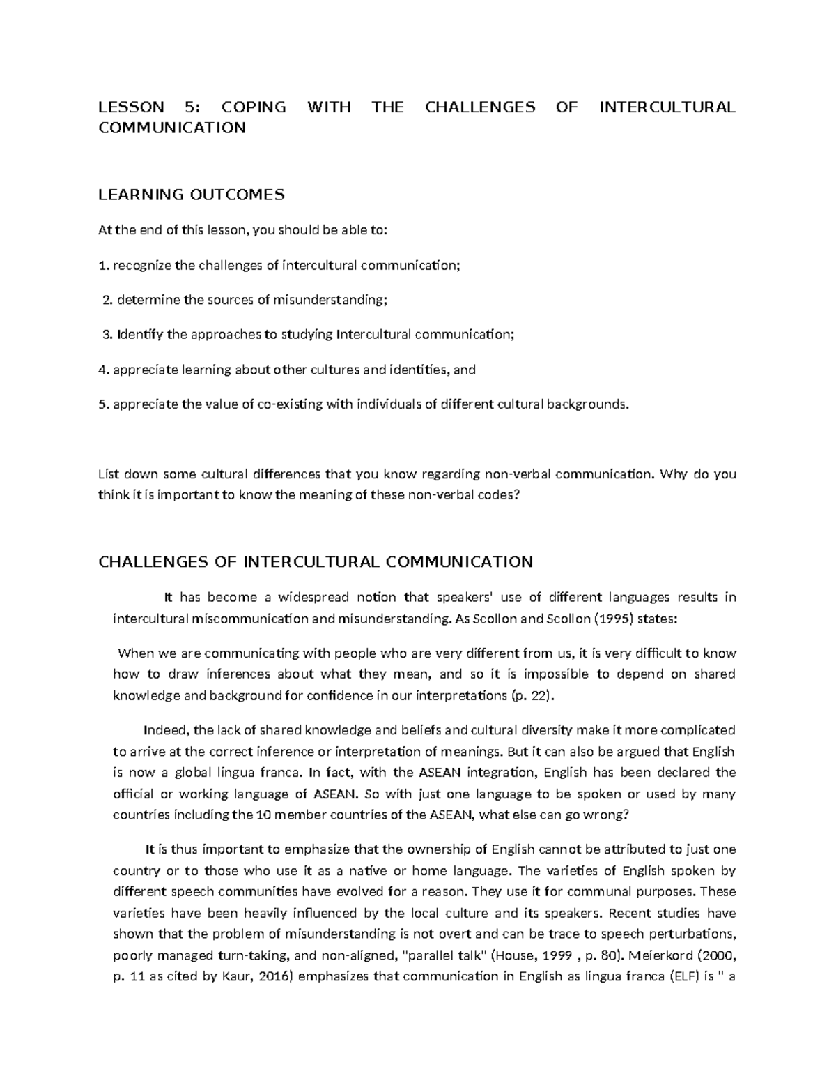 Lesson-5 - LESSON 5: COPING WITH THE CHALLENGES OF INTERCULTURAL ...