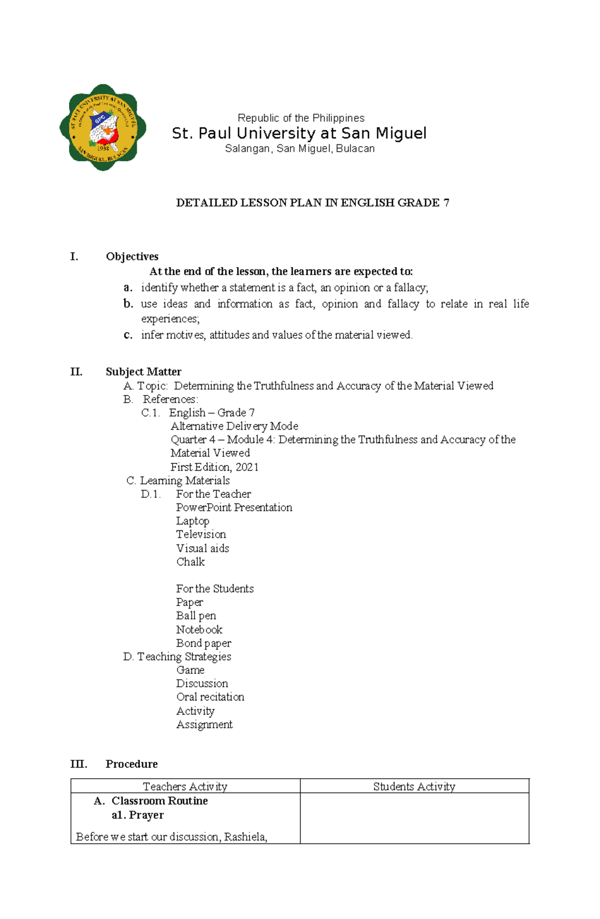 Cedie - Detailed Lesson Plan - Republic of the Philippines St. Paul ...