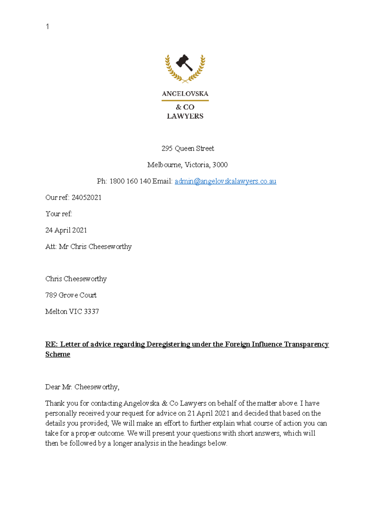 Letter Of Advice, Legal writing and drafting 2020 - 295 Queen Street ...