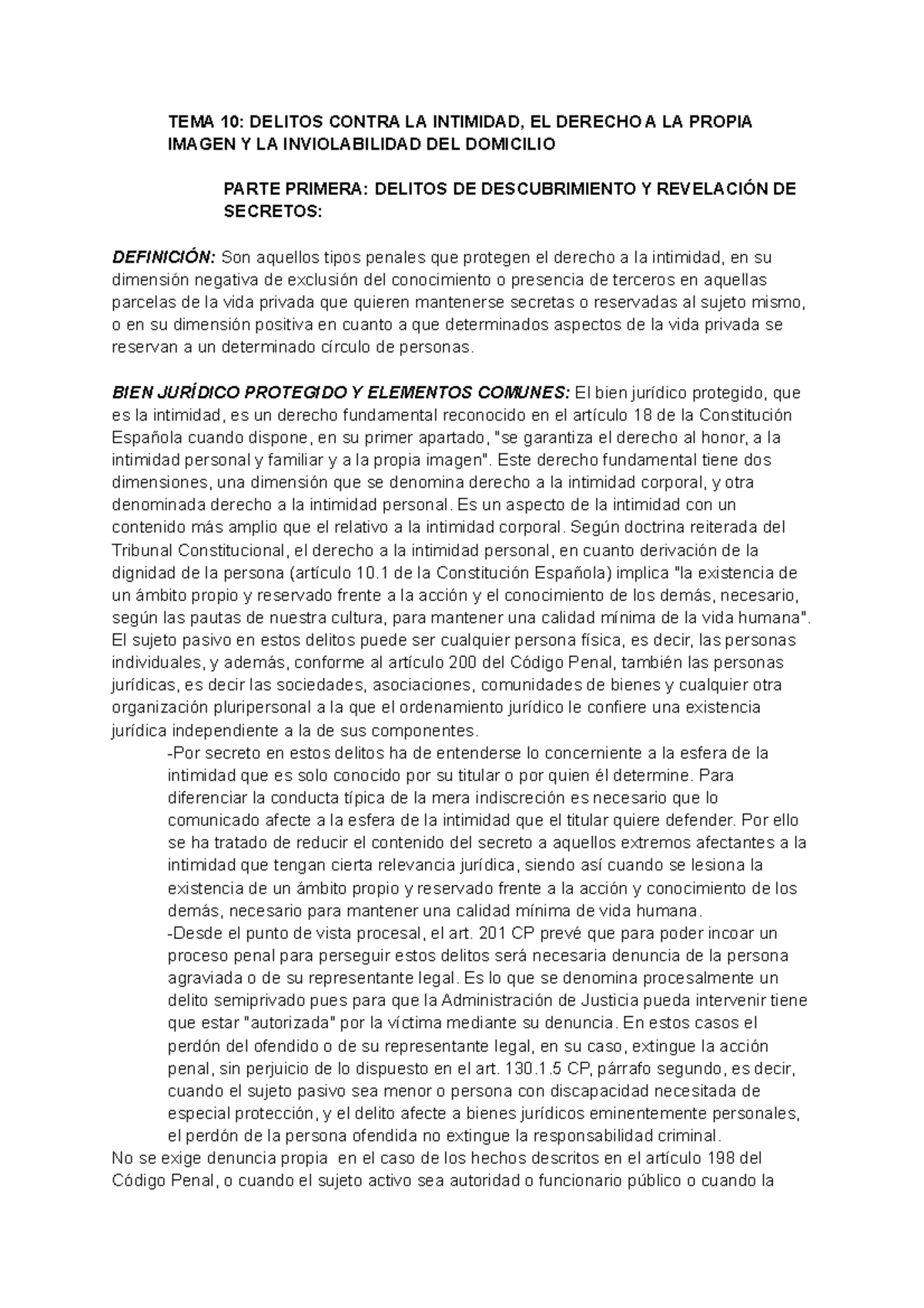 TEMA 10 Delitos Contra LA Intimidad, EL Derecho A LA Propia Imagen Y LA Inviolabilidad DEL ...