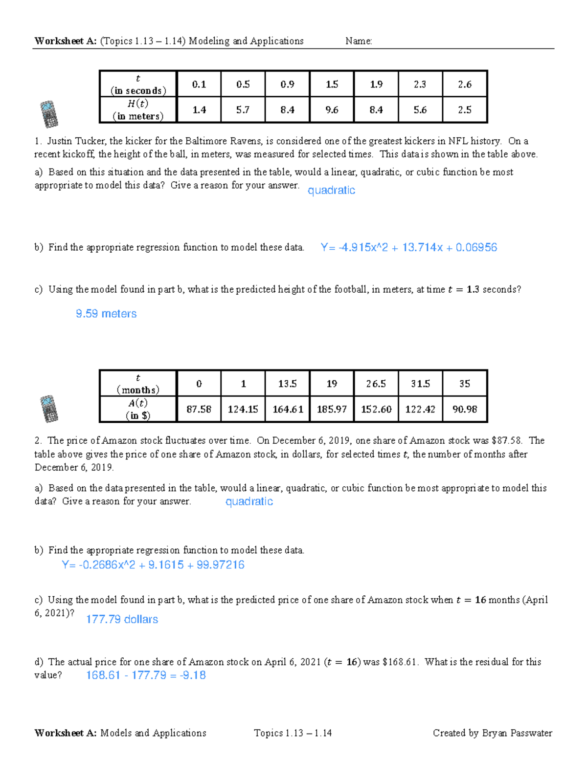 Worksheet A Topics 1.13 - 1.14 Modeling Functions and Applications - Worksheet A: Models and ...