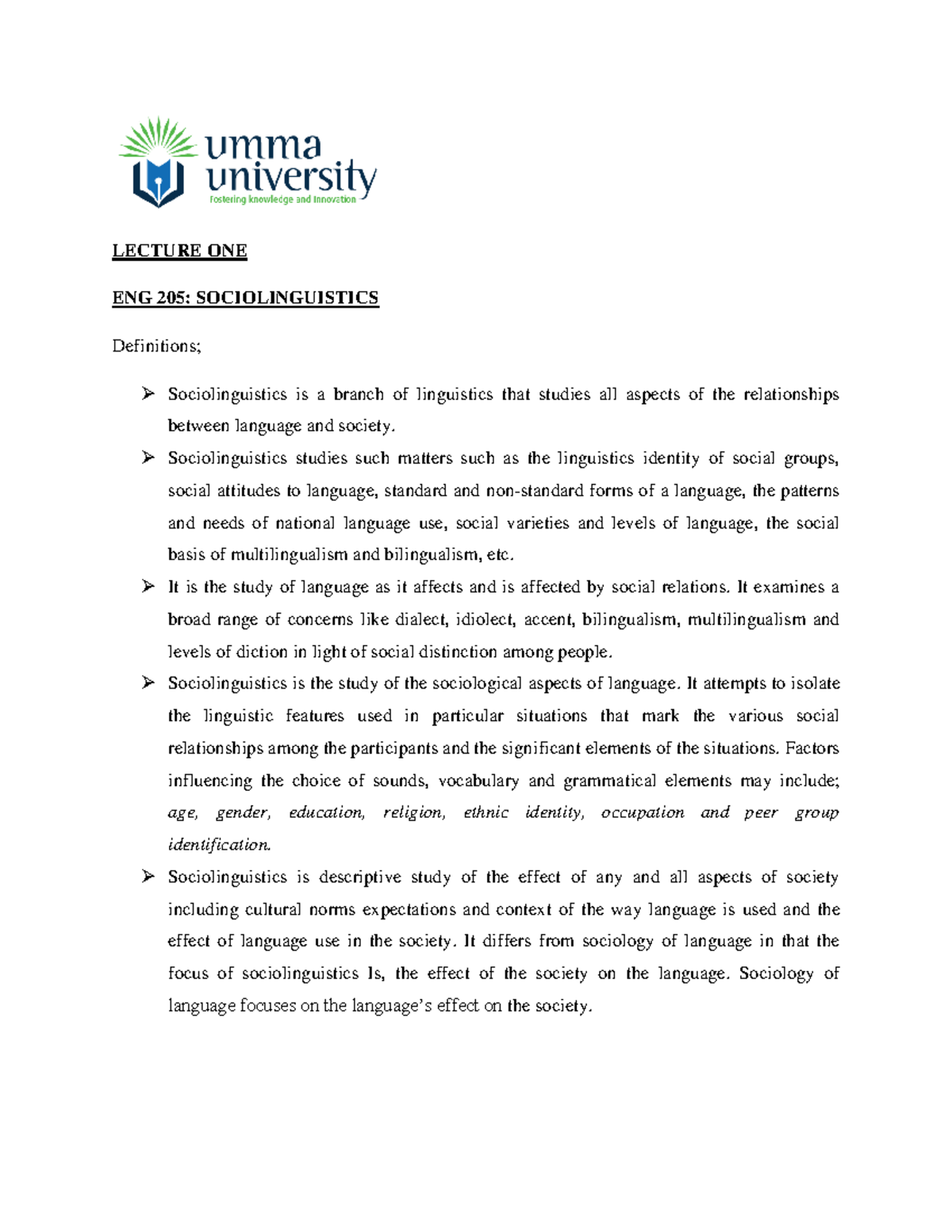 ENGL 205 Sociolinguistics Course Outline - LECTURE ONE ENG 205: SOCIOLINGUISTICS Definitions ...