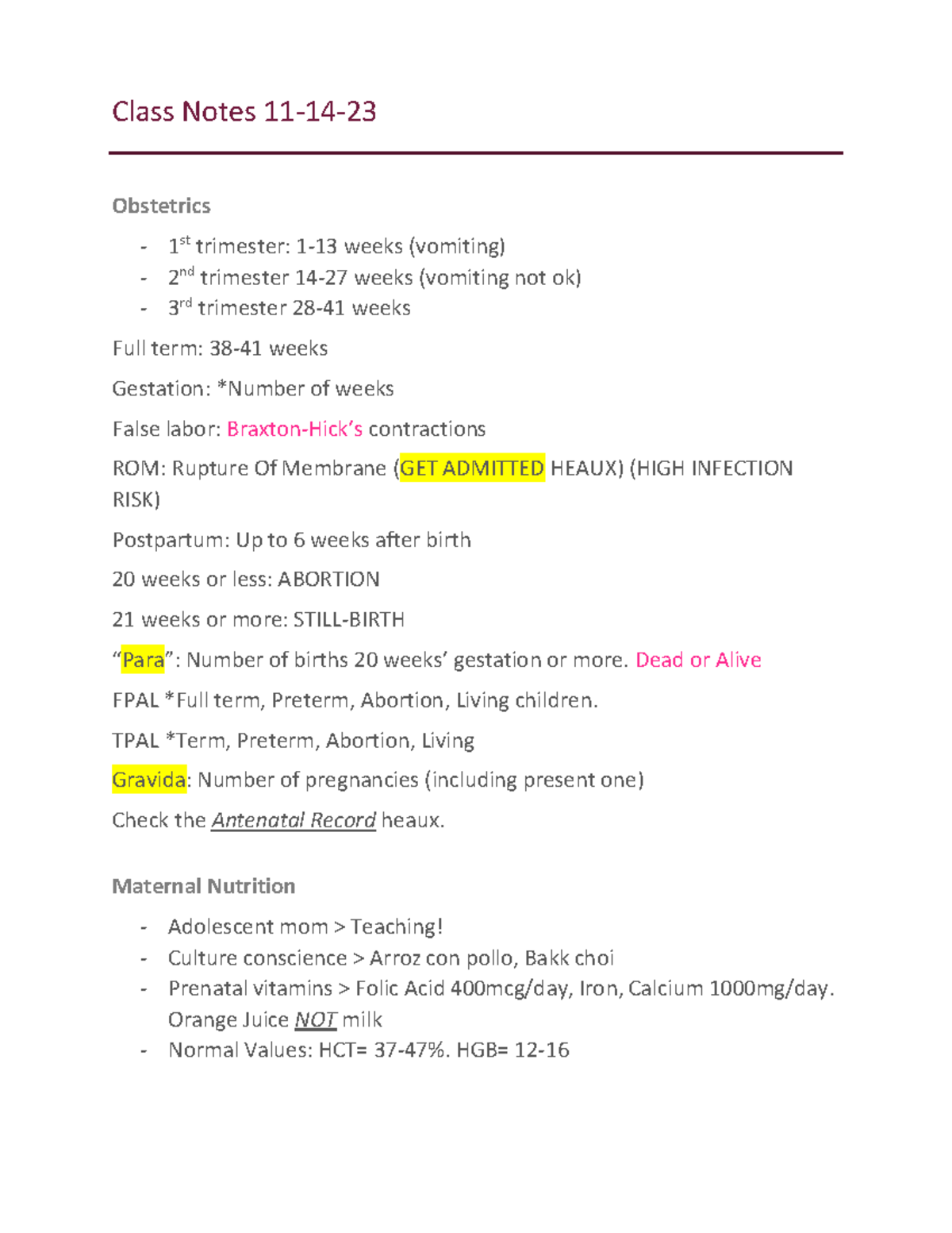 Lecture 11-14-23 - EXAM NOTES - Class Notes 11- 14 - 23 Obstetrics - 1 ...