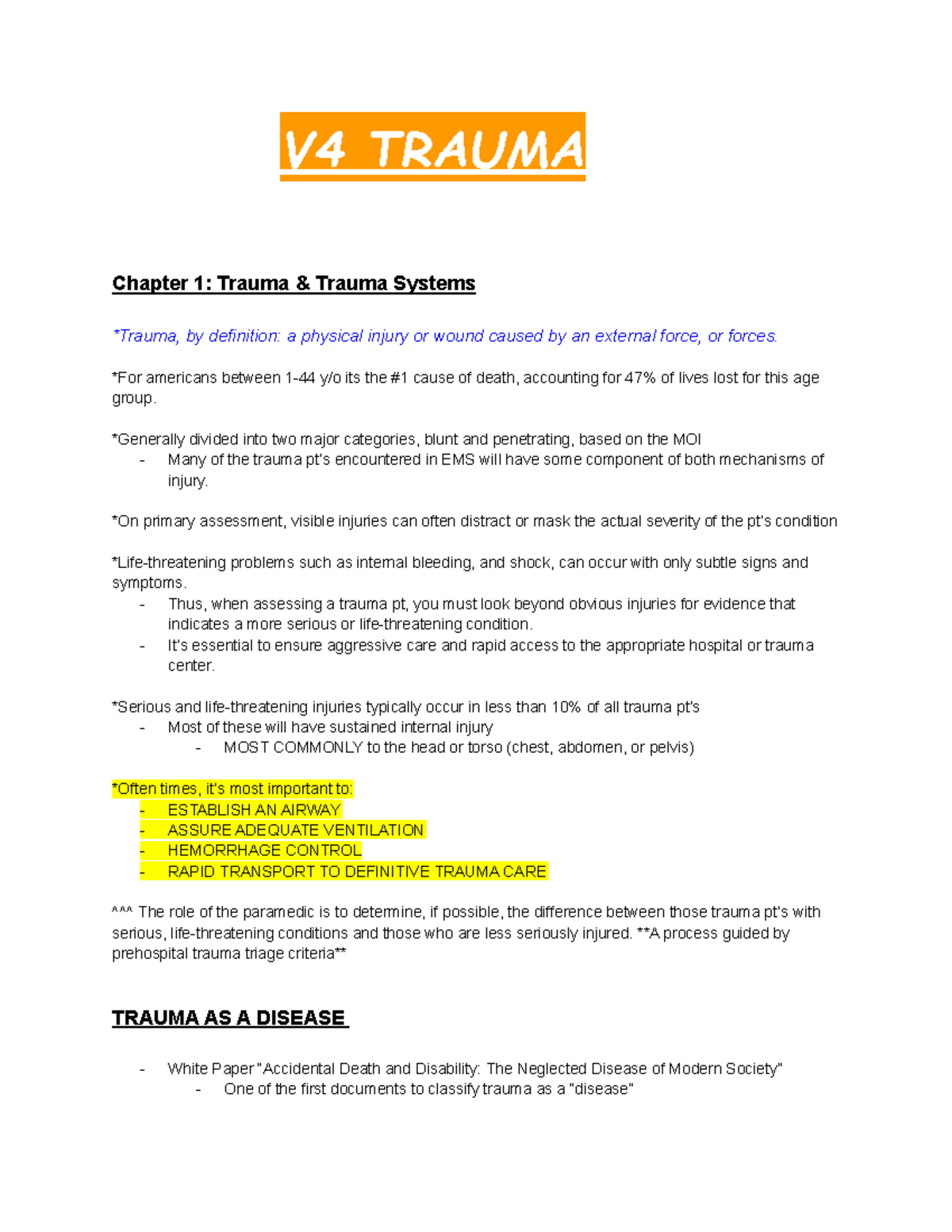 Trauma chapters 1 - V4 TRAUMA Chapter 1: Trauma & Trauma Systems ...