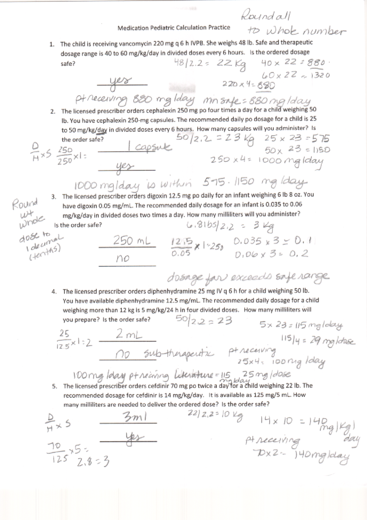 NURS 5010 Medication Calculation Pediatric Answers Part 1 - NURS 505 ...