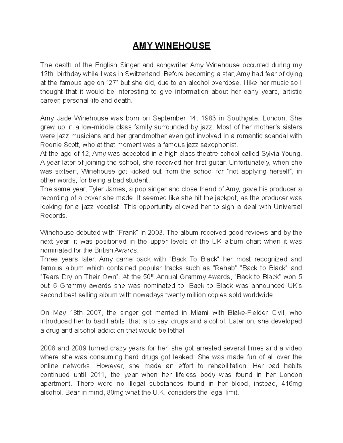 Essay sobre personaje popular - AMY WINEHOUSE The death of the English ...