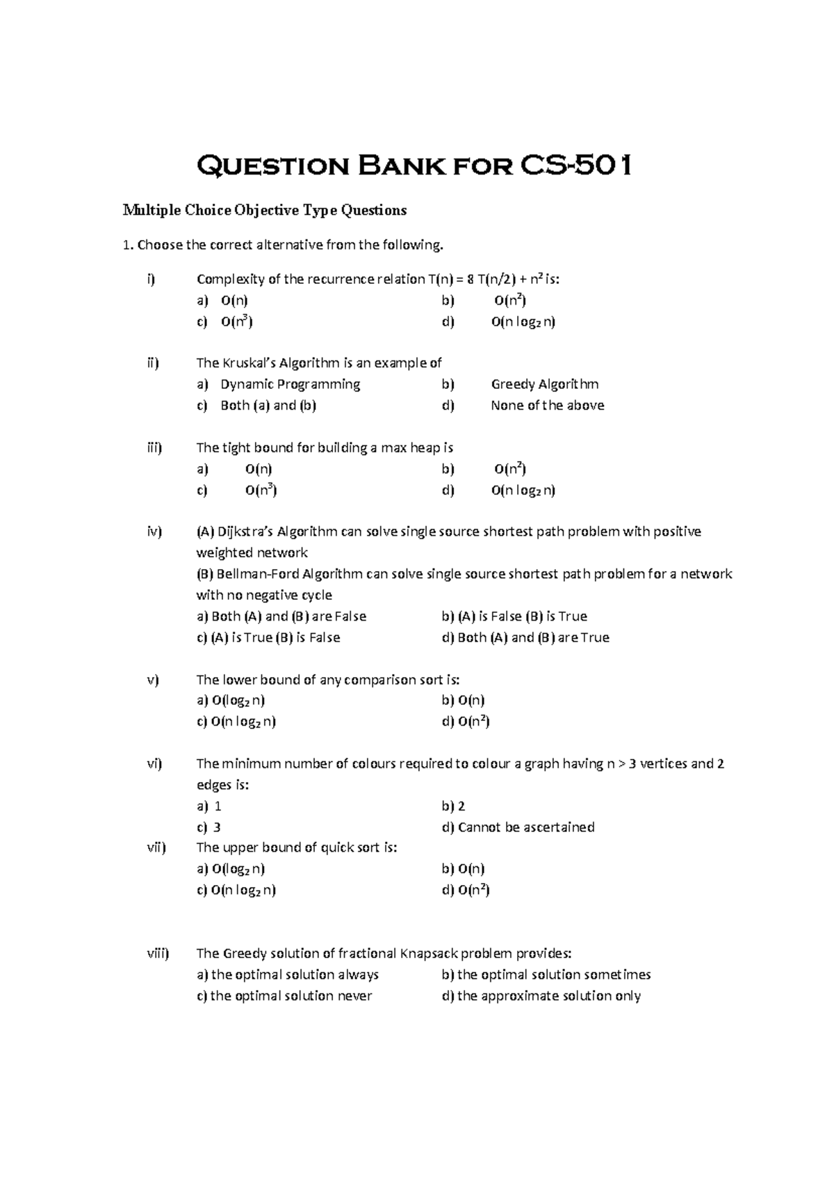 Set2 - Question Bank for CS- Multiple Choice Objective Type Questions Choose the correct ...