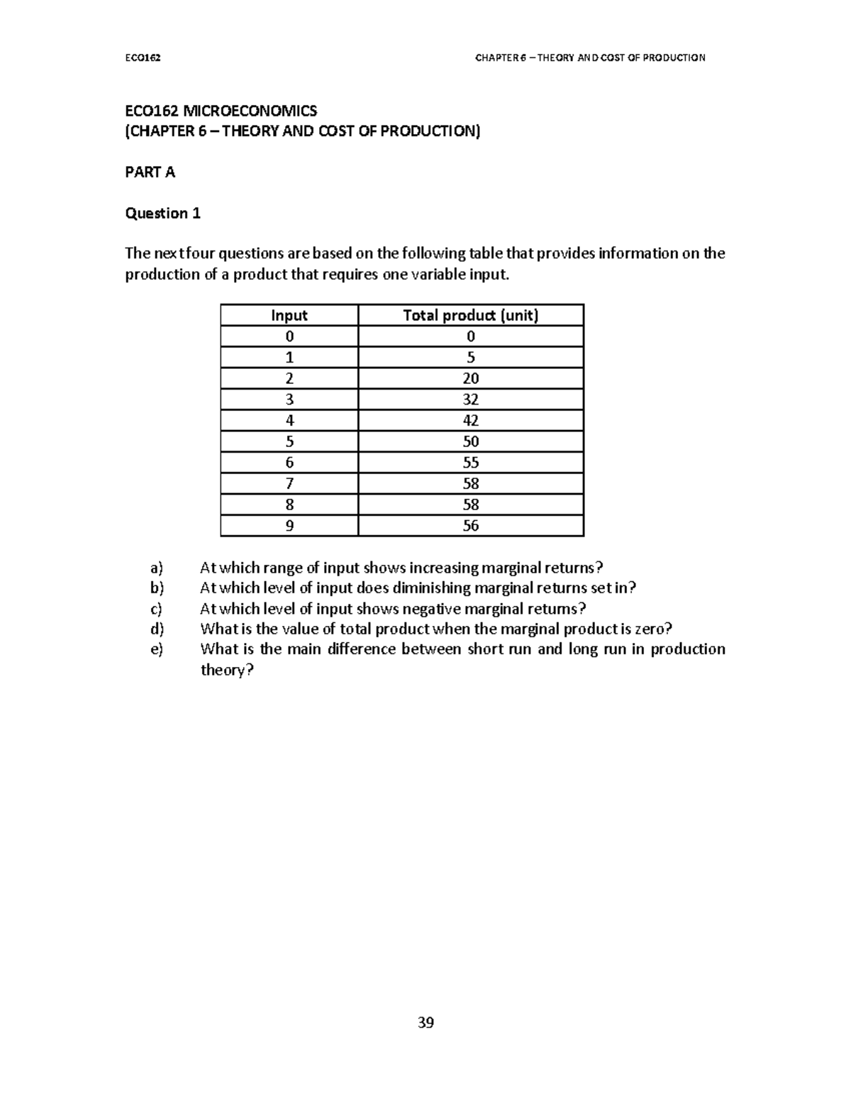 Tutorial Chapter Theory AND COST OF Production) - ECO162 MICROECONOMICS ...