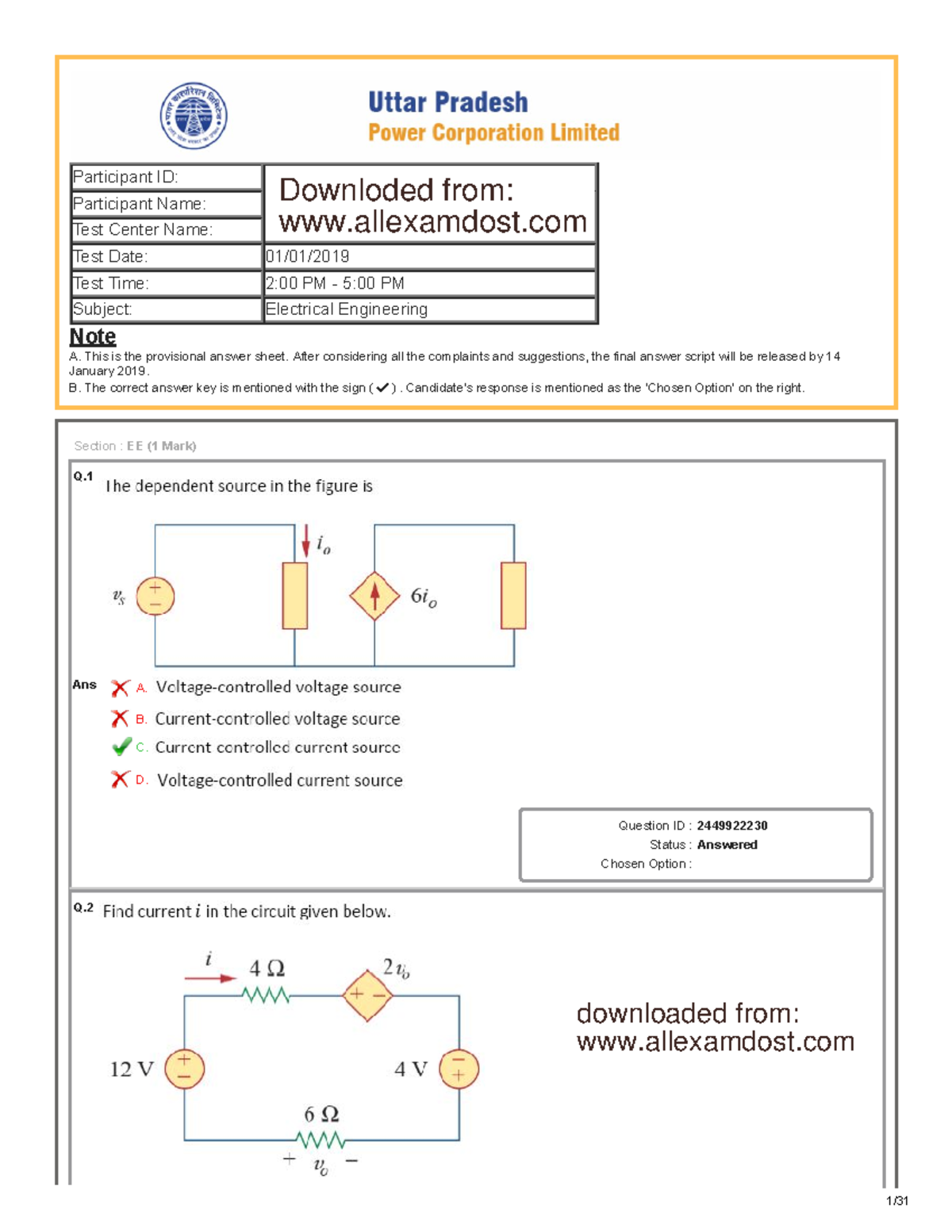 Uppcl AE Electrical Paper(2018 ) - Q. Ans A. B. C. D. Question ID ...