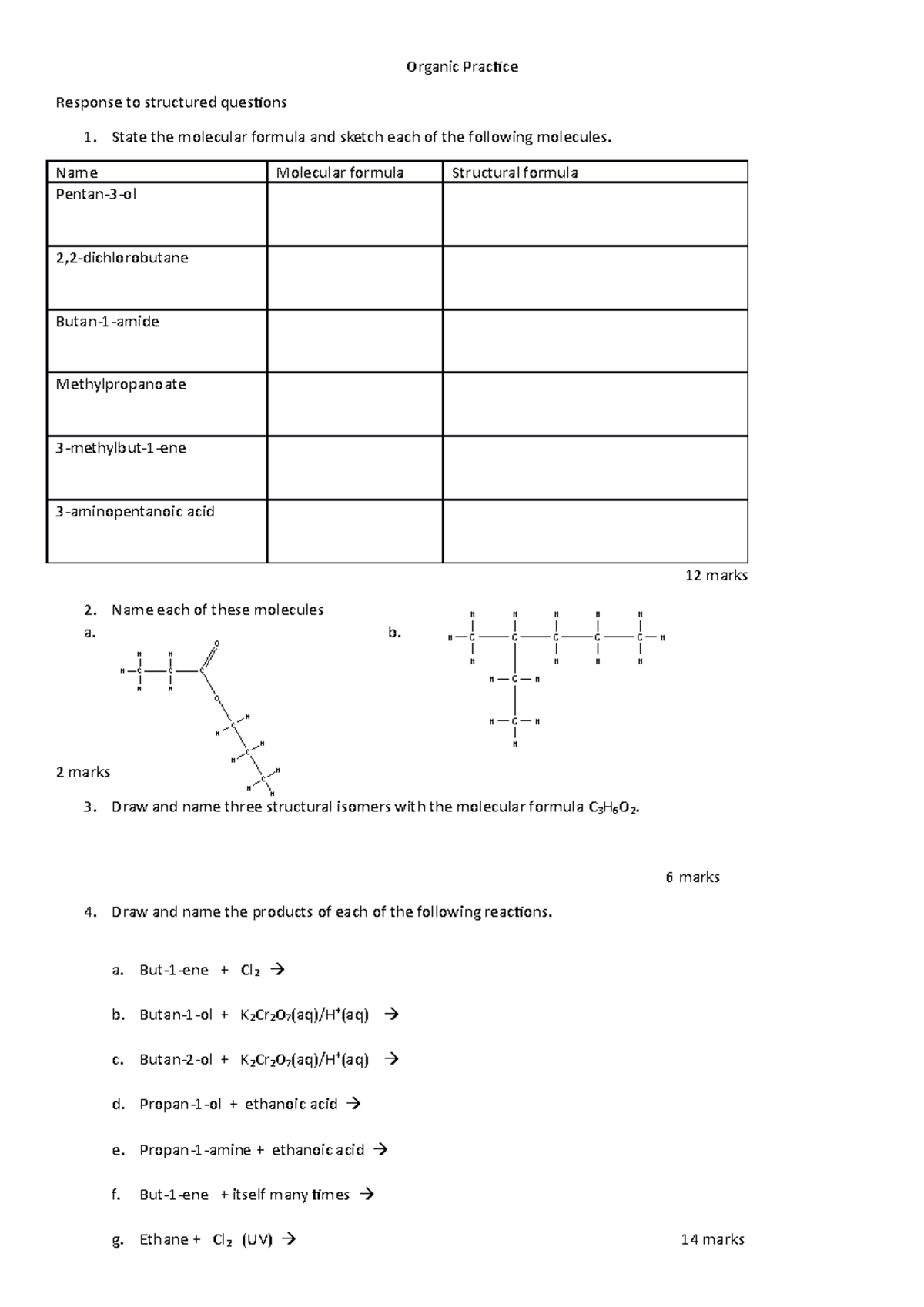 Carbon structured questions - Organic Practice Response to structured ...