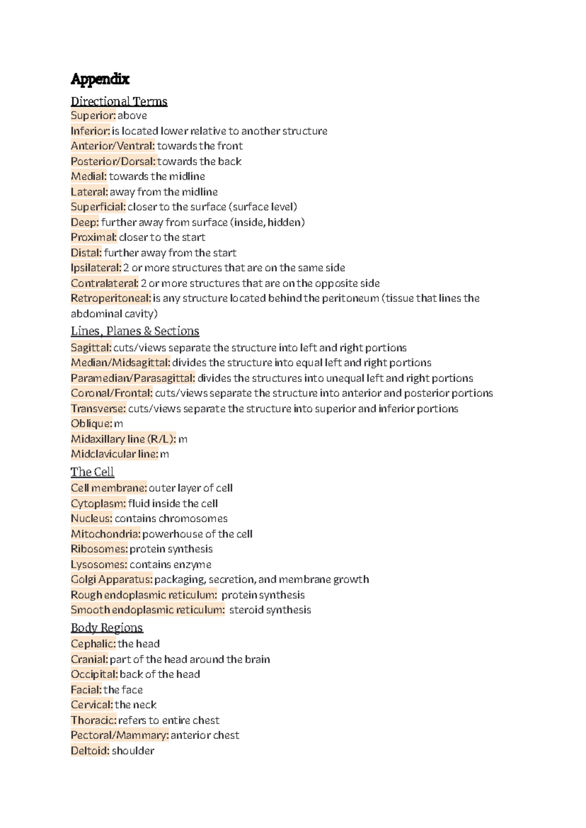 Anat-100 appendix - definition - Directional Terms Superior: above ...