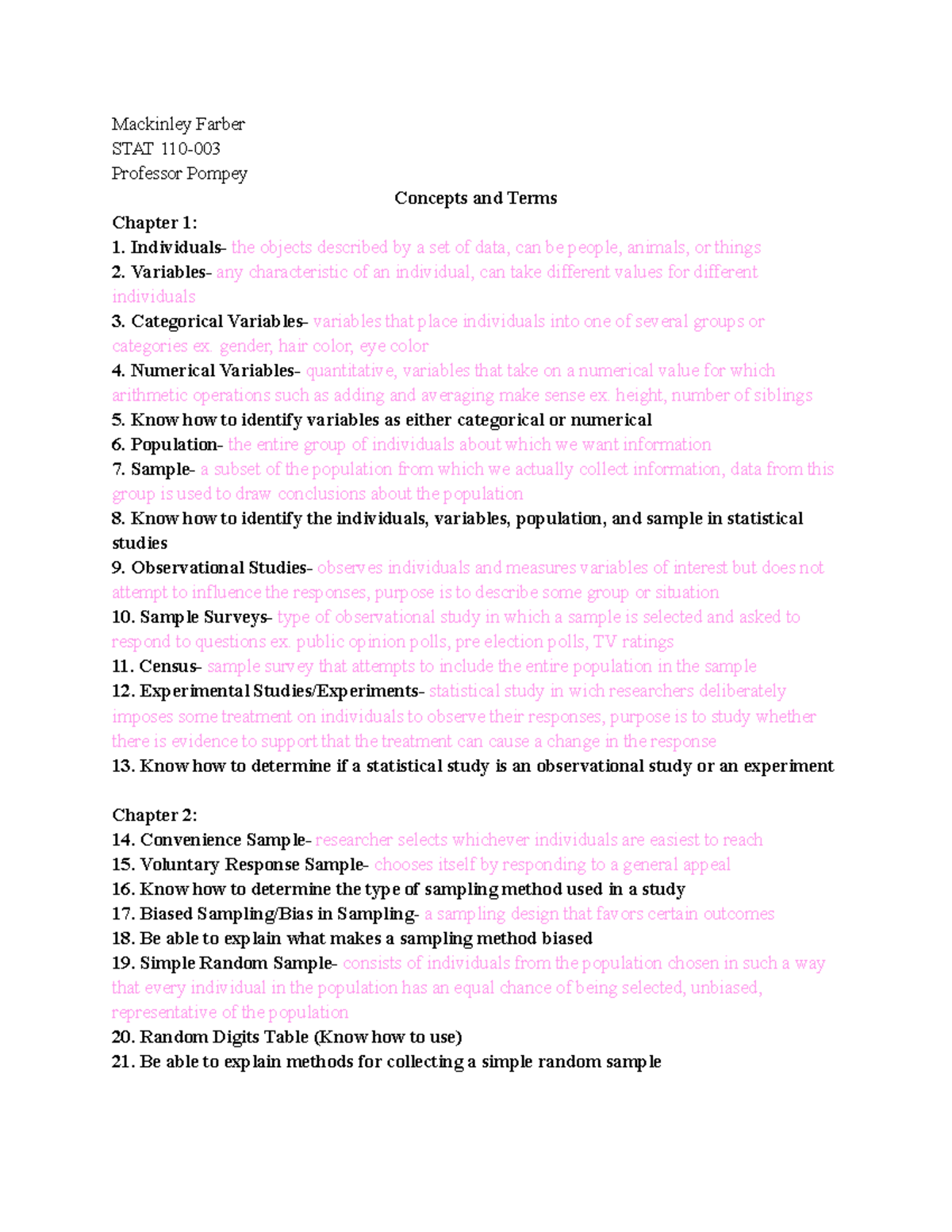 Stat 110 Concepts And Terms Mackinley Farber Stat 110 Professor Pompey Concepts And Terms
