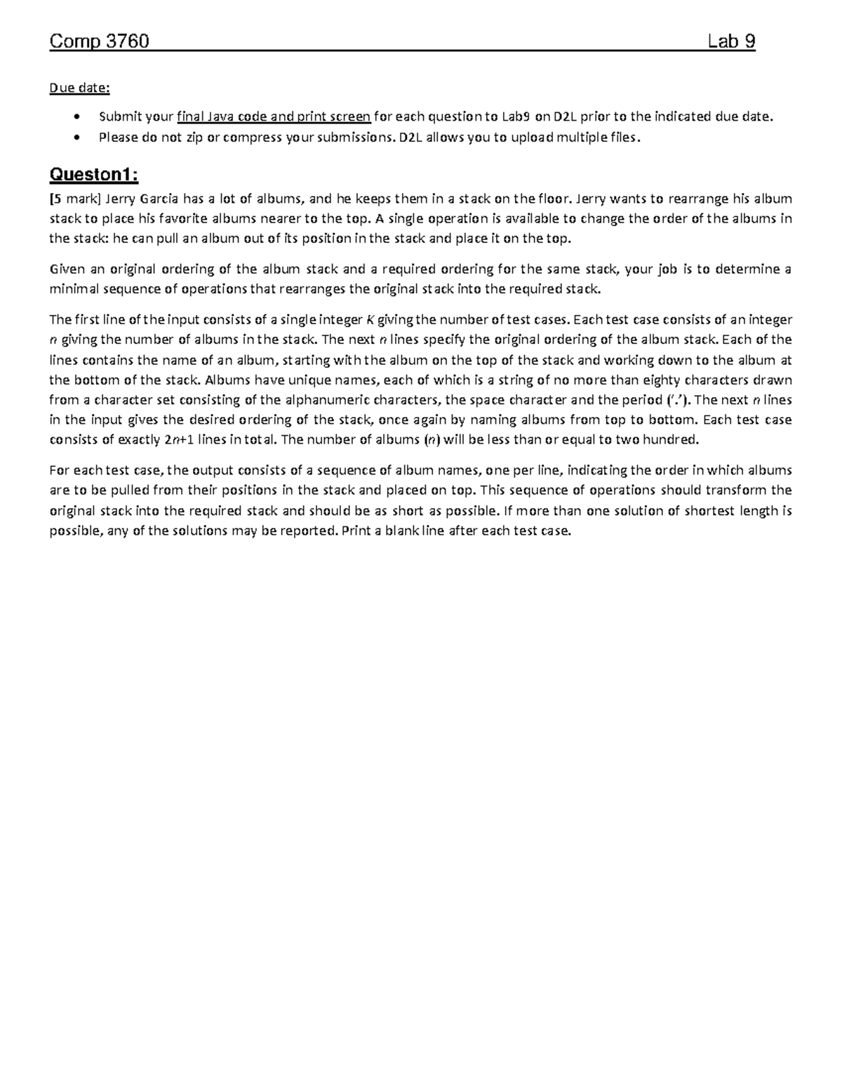 Comp3760-Lab9 - Lab 9 Questions - Due date: Submit your final Java code ...
