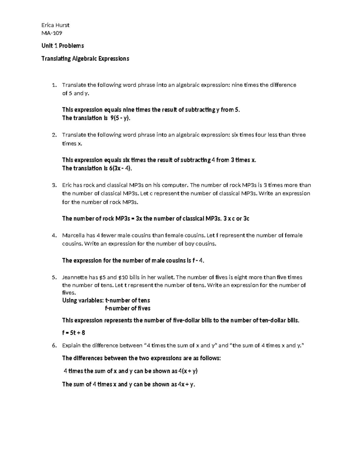 Unit1 MA 109 Translating Expressions - Erica Hurst MA- Unit 1 Problems ...