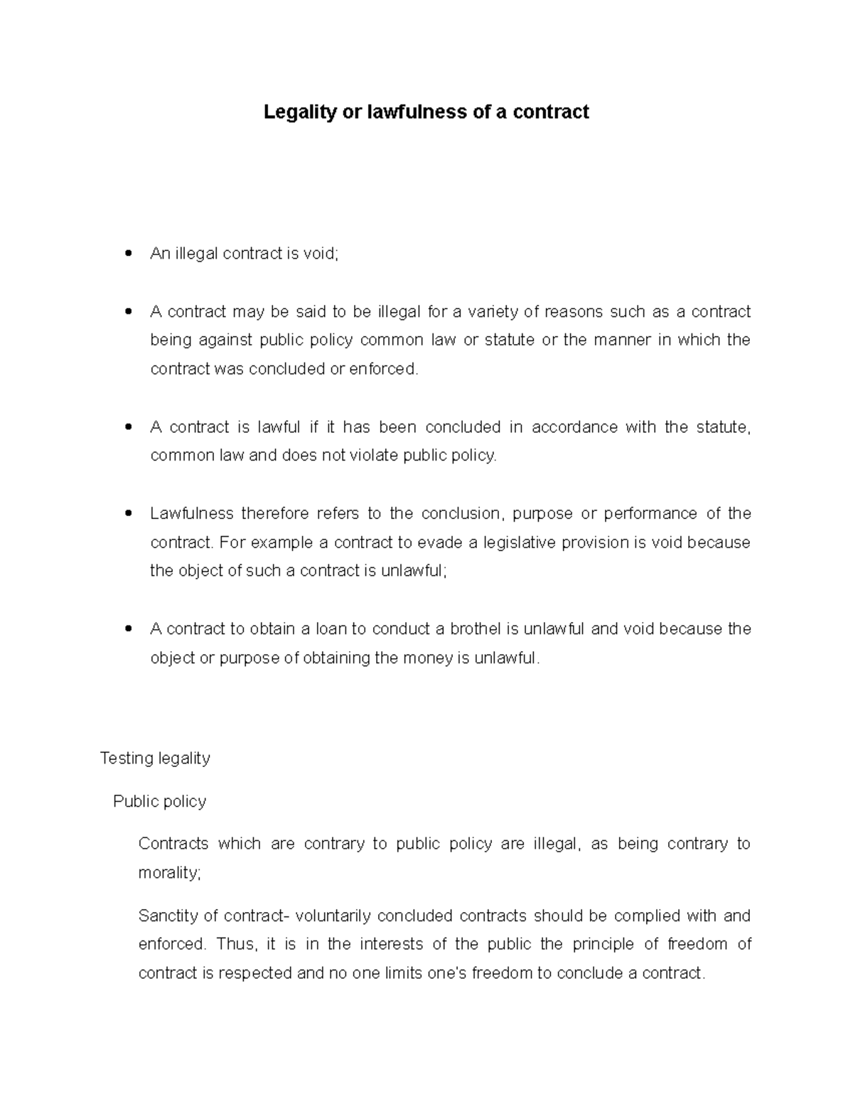 Legality Part 1 - Short notes for law of Contract - Legality or ...