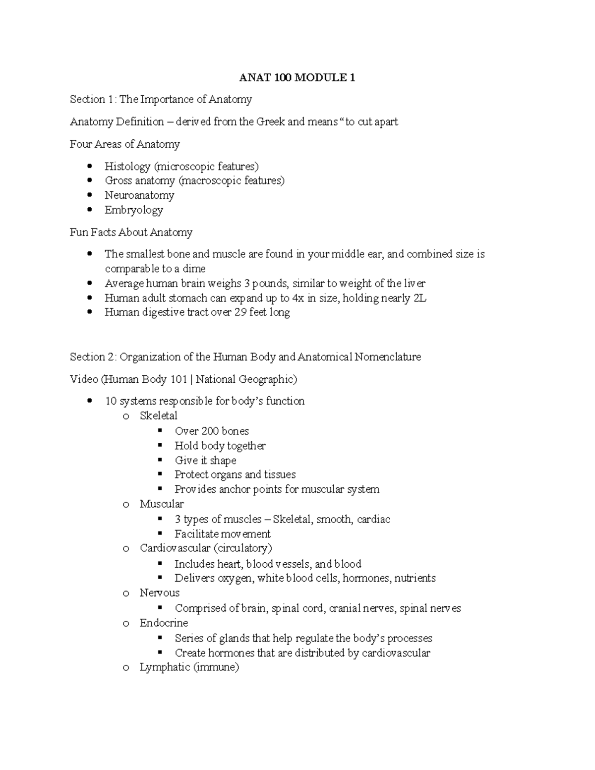 ANAT Module 1 Notes - ANAT 100 MODULE 1 Section 1: The Importance of ...
