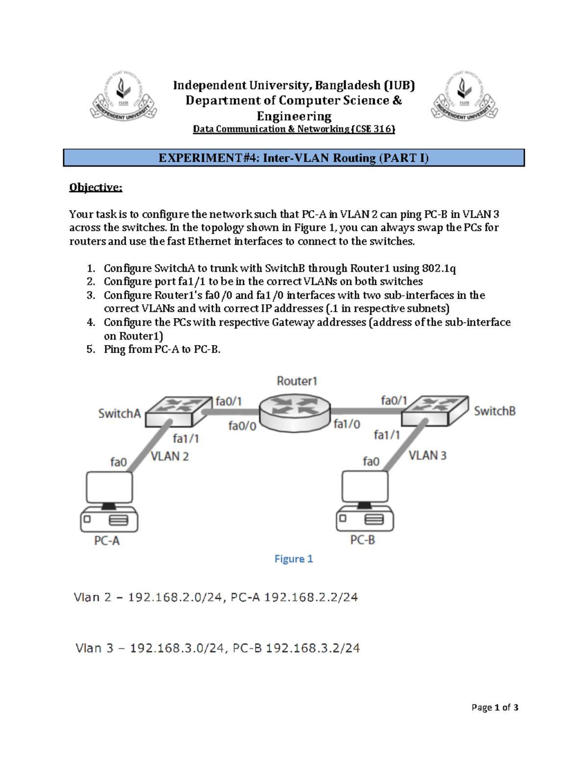 Experiment 4 - Faculty: Dr. Tarem Ahmed - Page 1 of 3 Independent University, Bangladesh (IUB ...