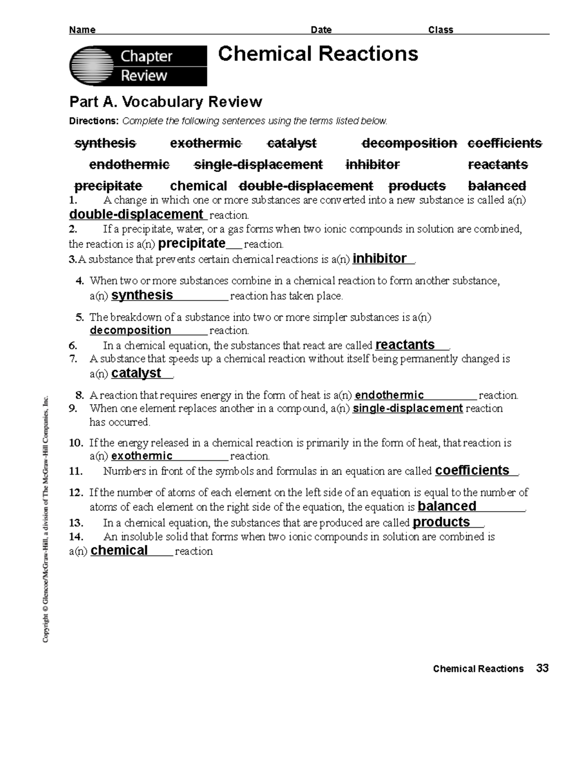 Chapter 11 Review Chemical Reactions WS - Name Date Class Part A ...