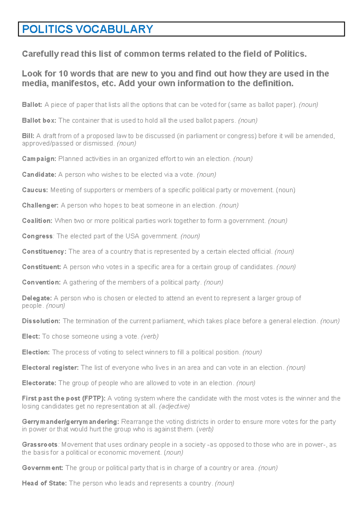 Politics Vocabulary - Vocabulario de inglés sobre política - POLITICS ...