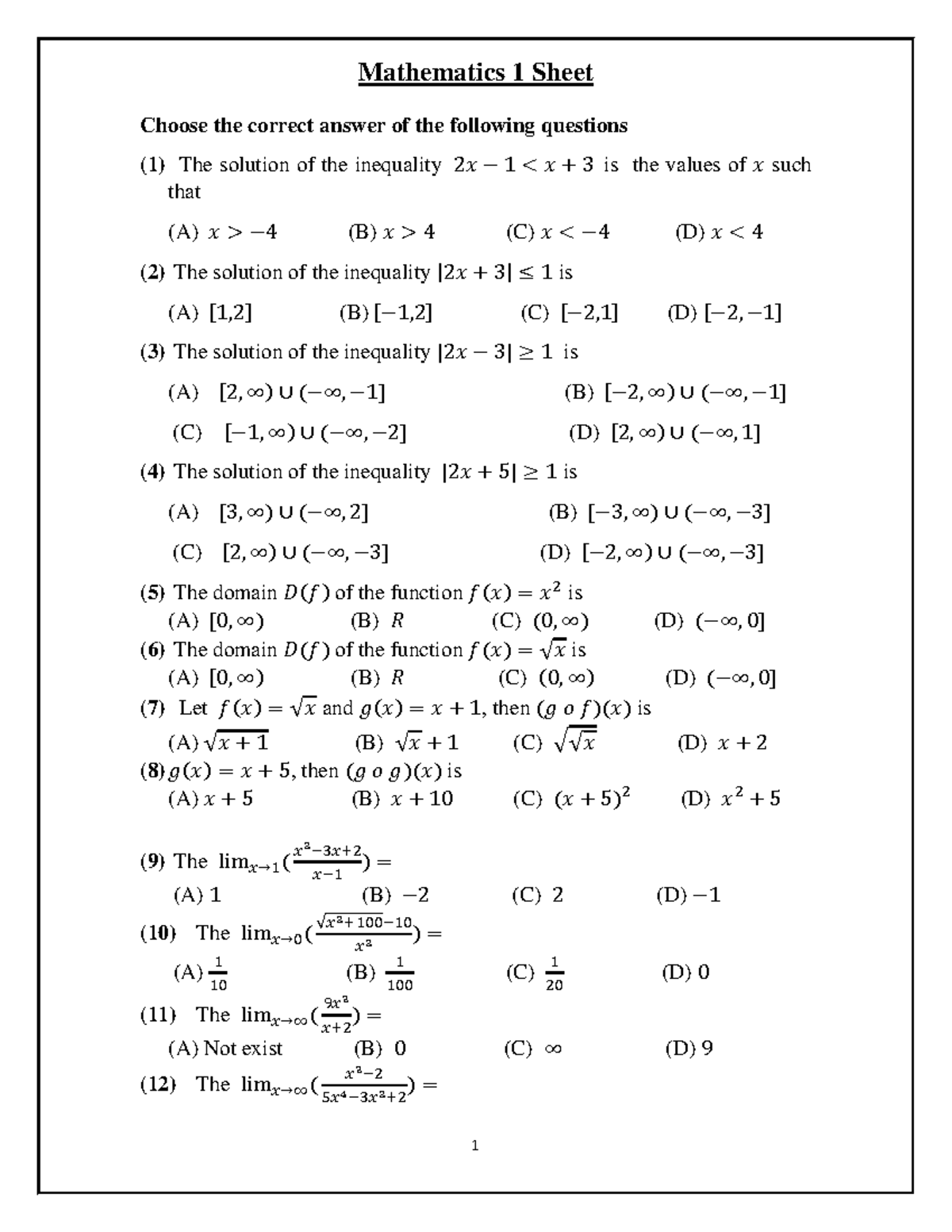 Math 1 Sheet - Choose the correct answer of the following questions (1 ...