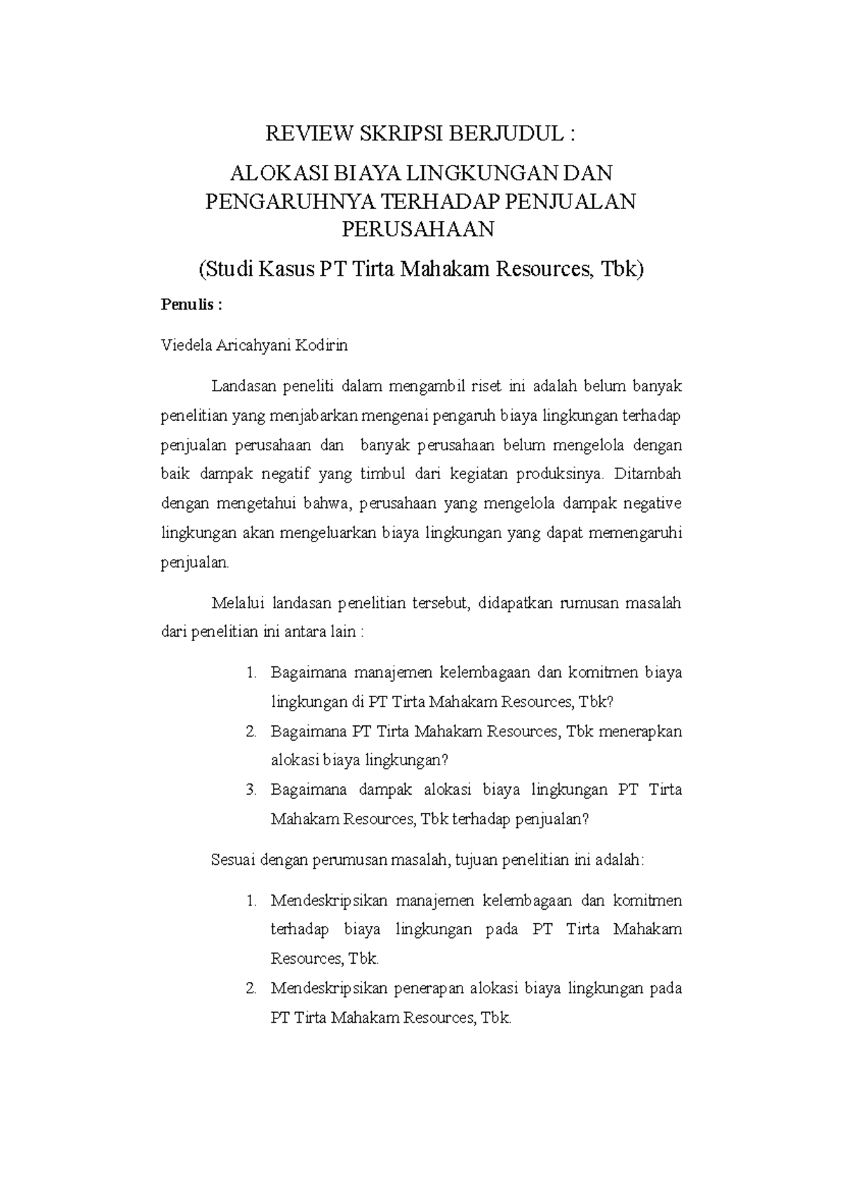 Review Studi Kasus Biaya Lingkungan - REVIEW SKRIPSI BERJUDUL : ALOKASI ...