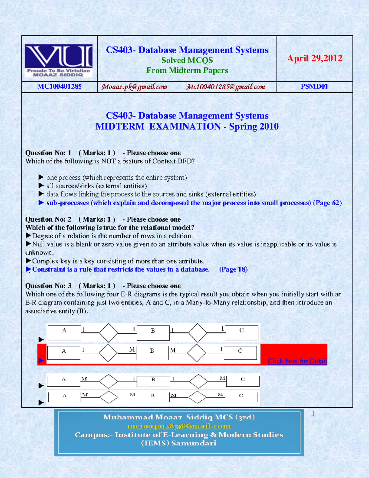 Cs403 Midterm Solved Mcqs By Moaaz Cs403 Database Management Systems Solved Mcqs From Midterm