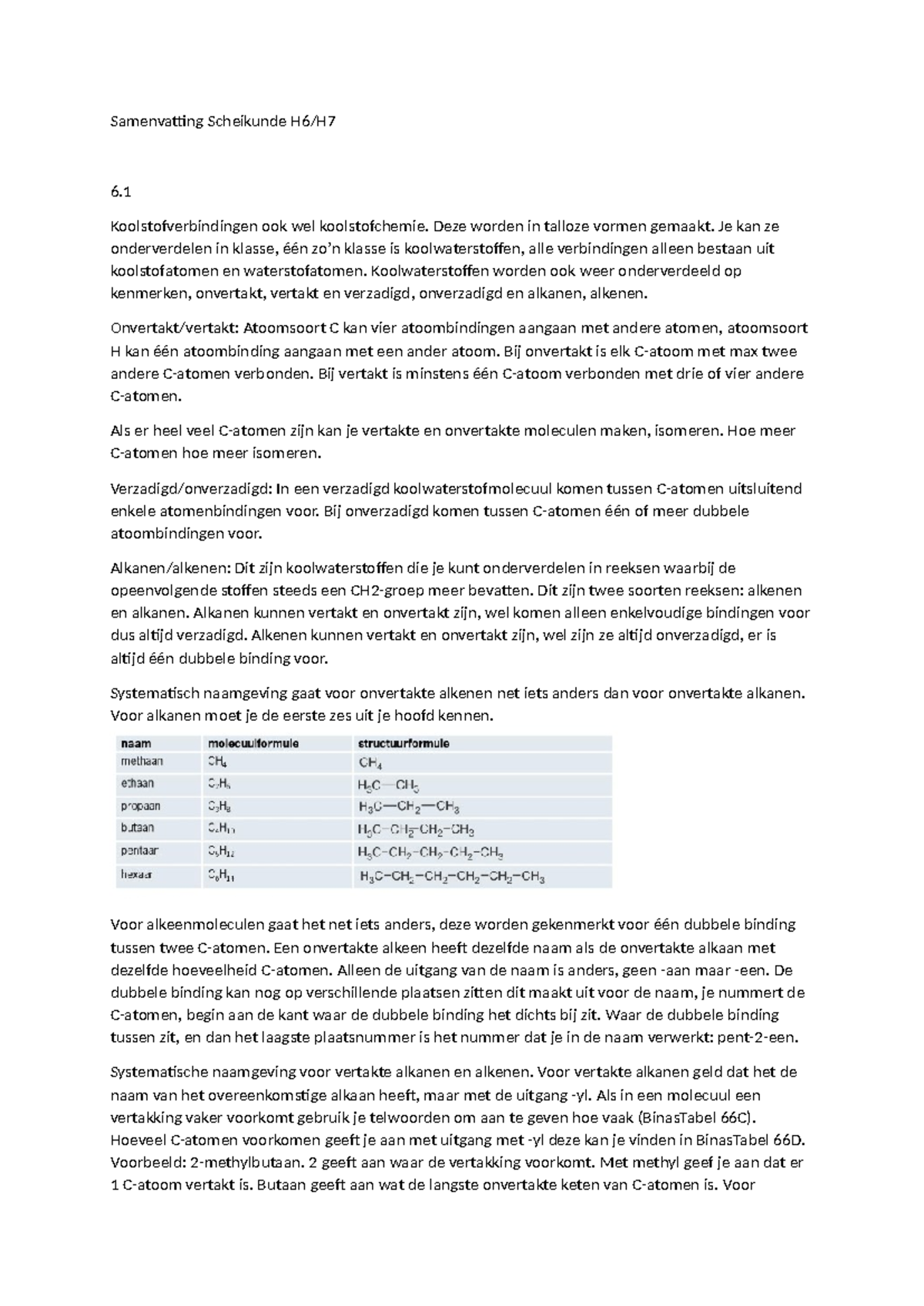 Samenvatting scheikunde H6-H7 - Samenvatting Scheikunde H6/H 6. Koolstofverbindingen ook wel ...