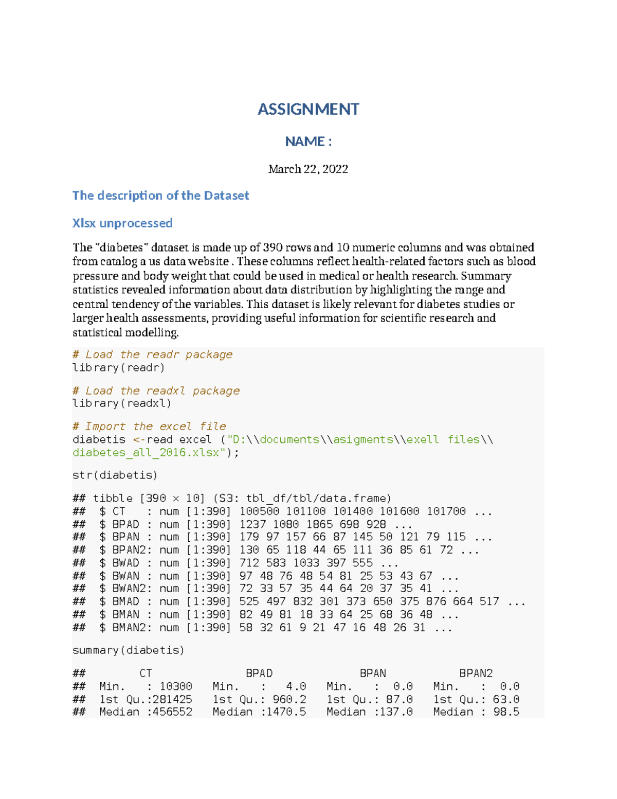 Analysis Easy Assignment Name March 22 2022 The Description Of The Dataset Xlsx