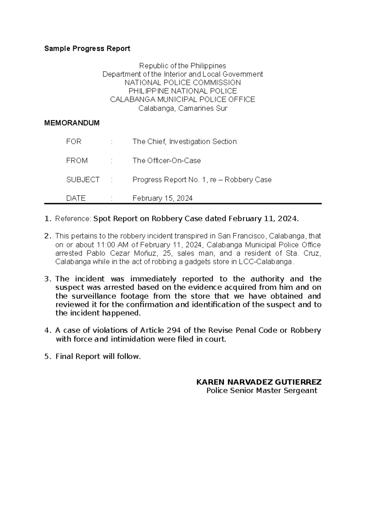 Progress-report-KNG - Sample Progress Report Republic of the ...