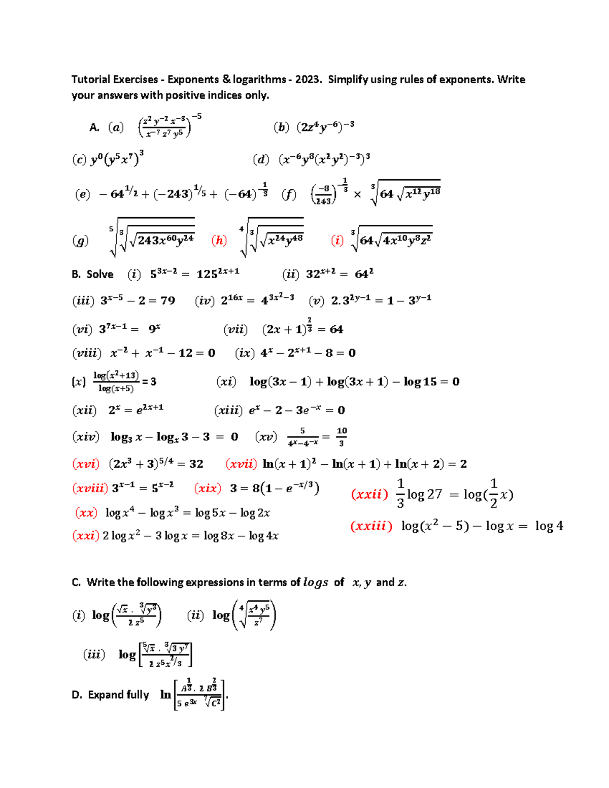 Tutorial Exercise Exponents And Logarithms 2023 Tutorial Exercises Exponents And Logarithms