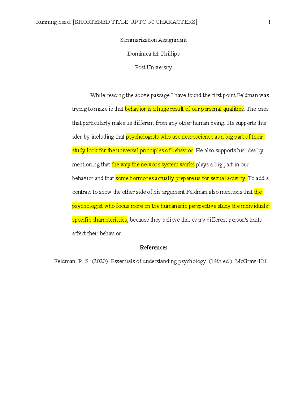 Summary Assignment - Running head: [SHORTENED TITLE UP TO 50 CHARACTERS] 1 Summarization ...