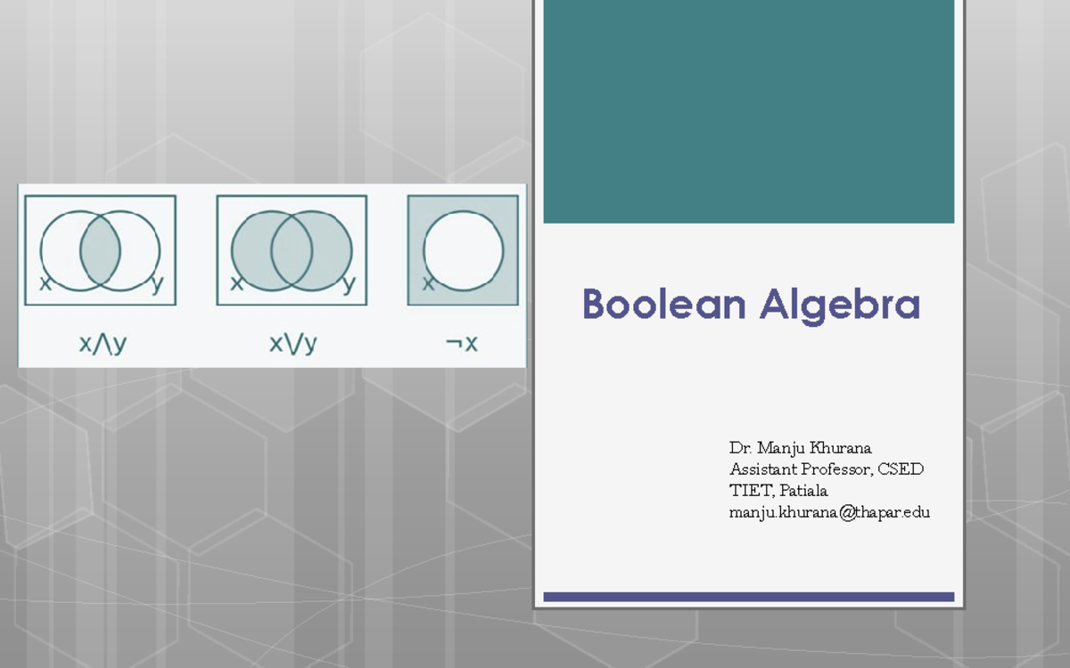 Boolean Algebra Manju - Dr. Manju Khurana Assistant Professor, CSED ... Boolean Algebra Manju - Dr. Manju Khurana Assistant Professor, CSED ...