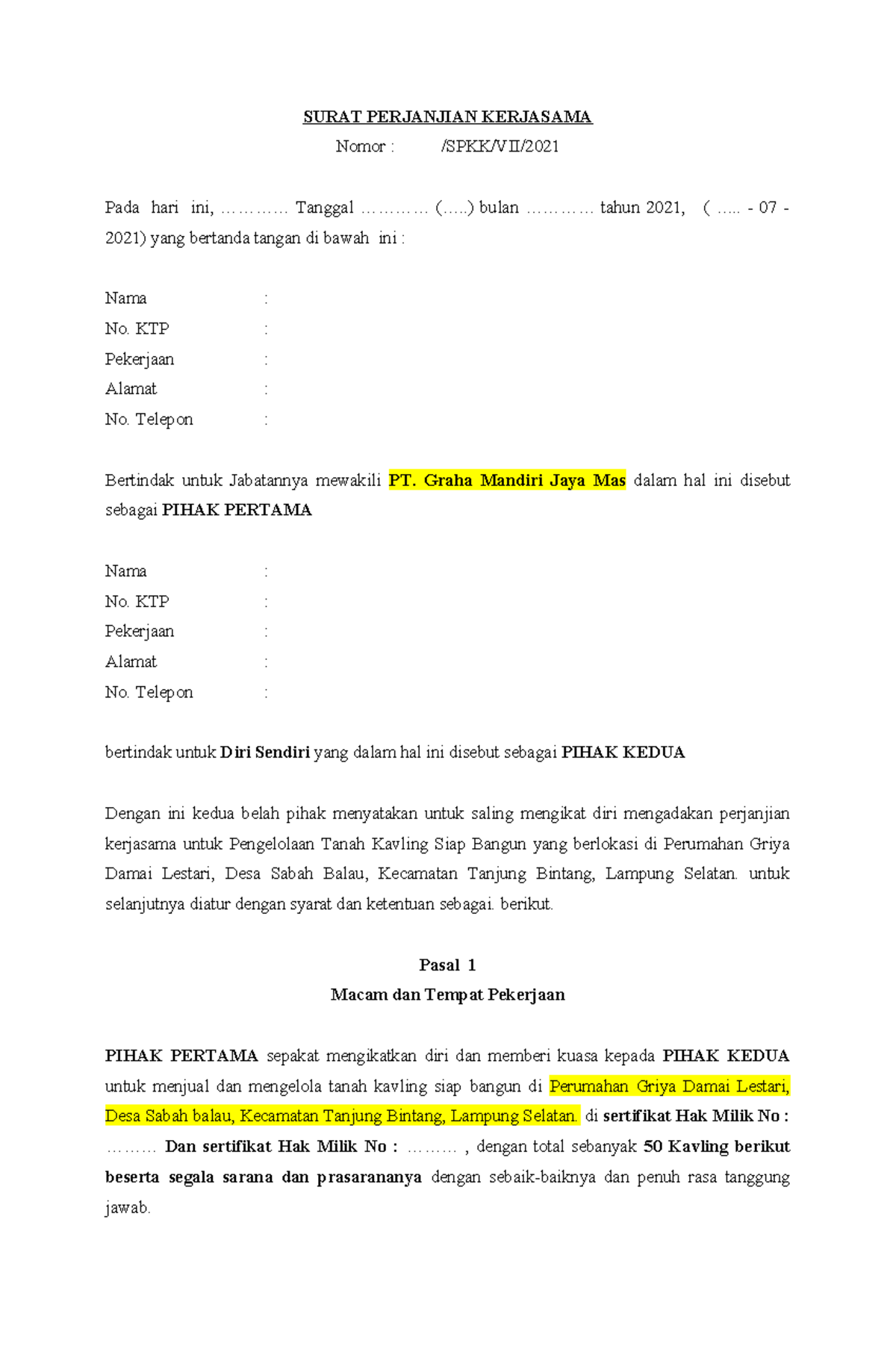 Draft Spk Graha Pt Spk Surat Perjanjian Kerjasama Nomor Spkk Vii
