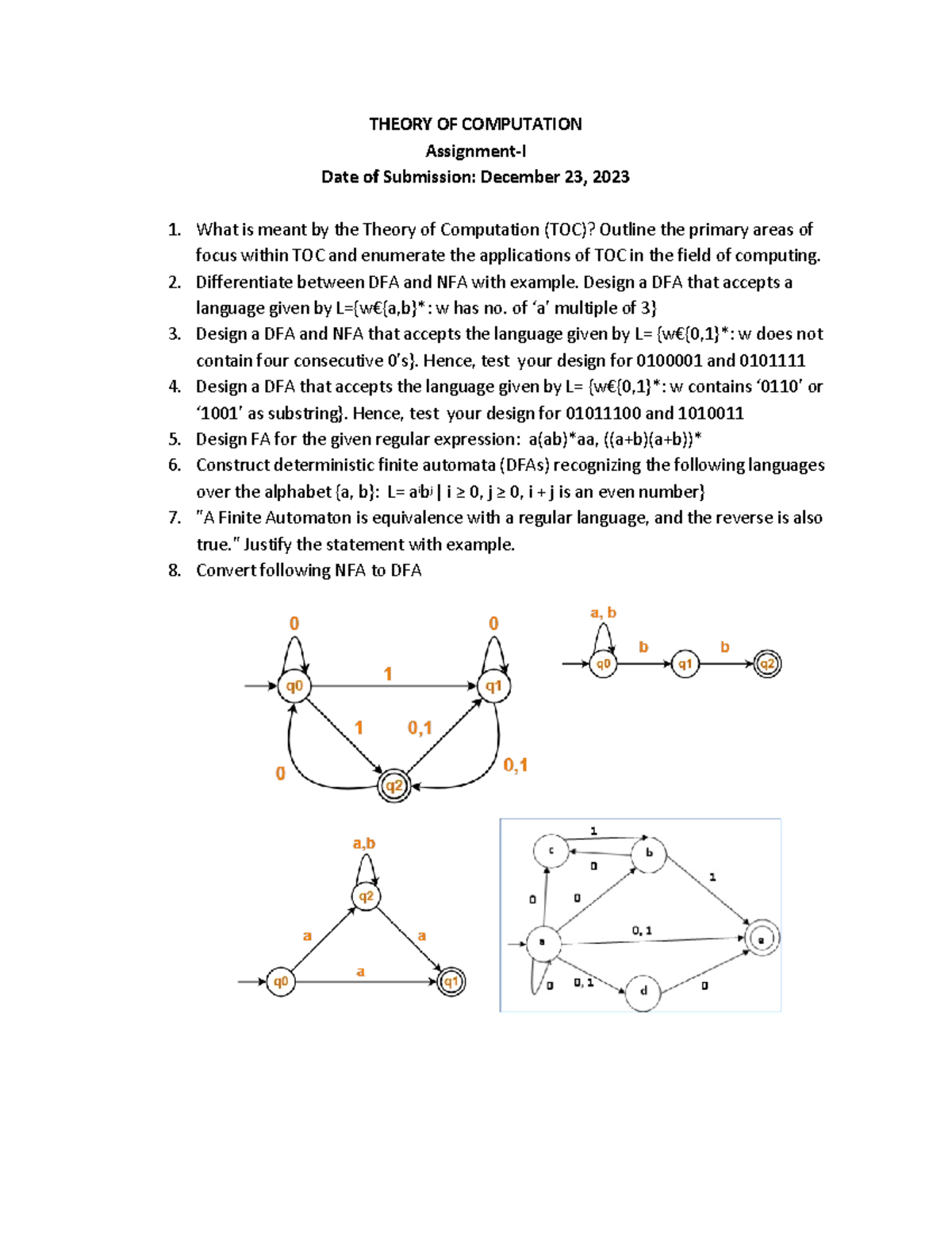 TOC Assignment - I - THEORY OF COMPUTATION Assignment-I Date of ... TOC Assignment - I - THEORY OF COMPUTATION Assignment-I Date of ...