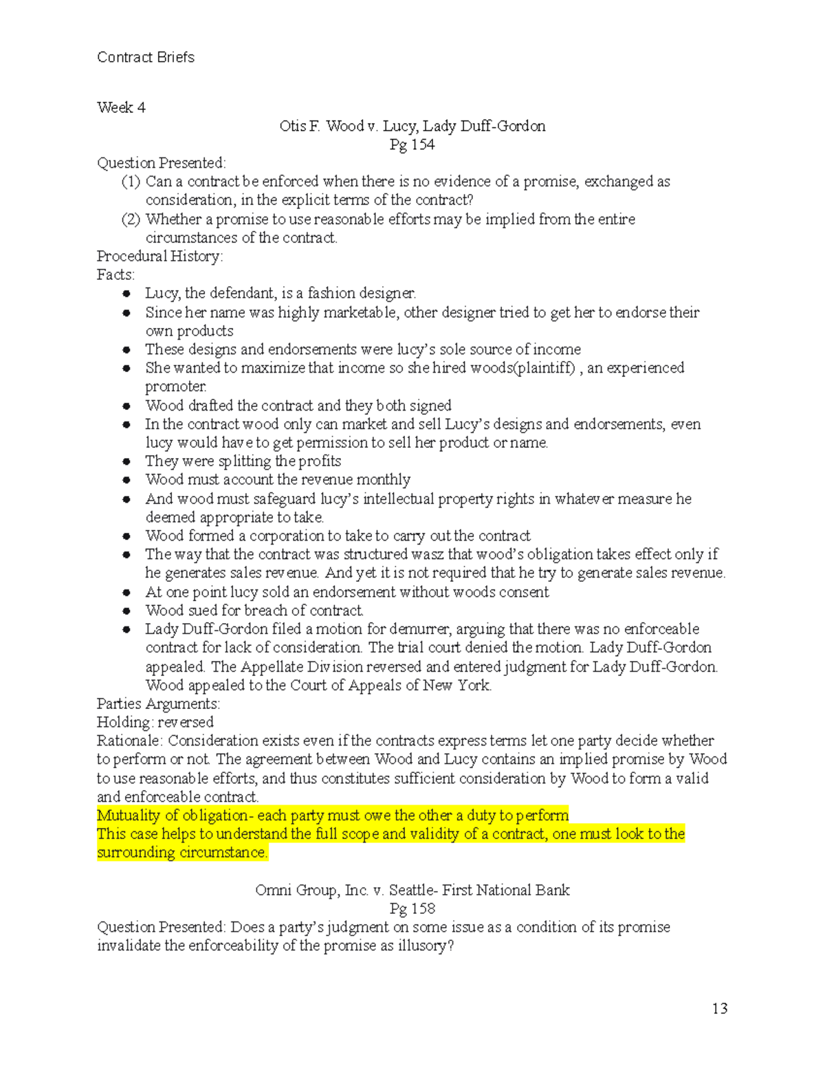 Contract Briefs-w4 - Briefs From Week 4 - Week 4 Otis F. Wood v. Lucy ...