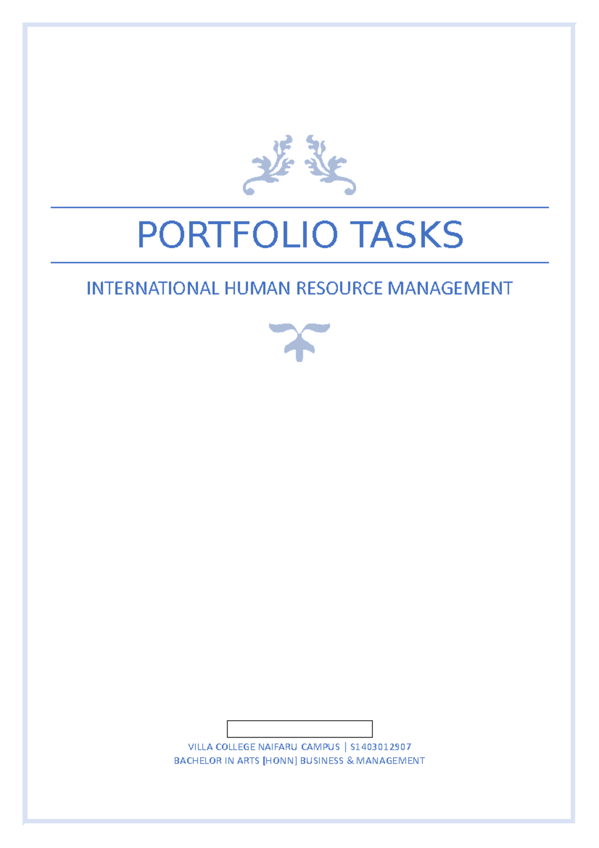 Portfolio task - PORTFOLIO TASKS INTERNATIONAL HUMAN RESOURCE ...