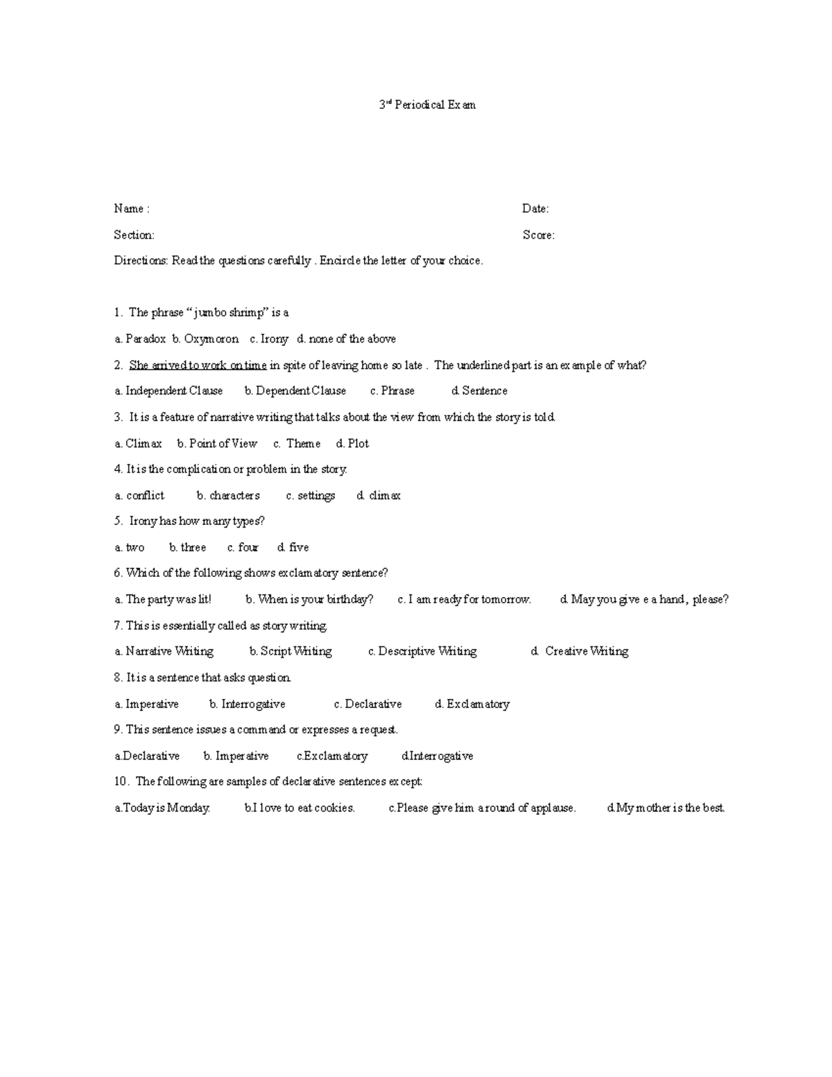 Final exam - 3 rd Periodical Exam Name : Date: Section: Score ...
