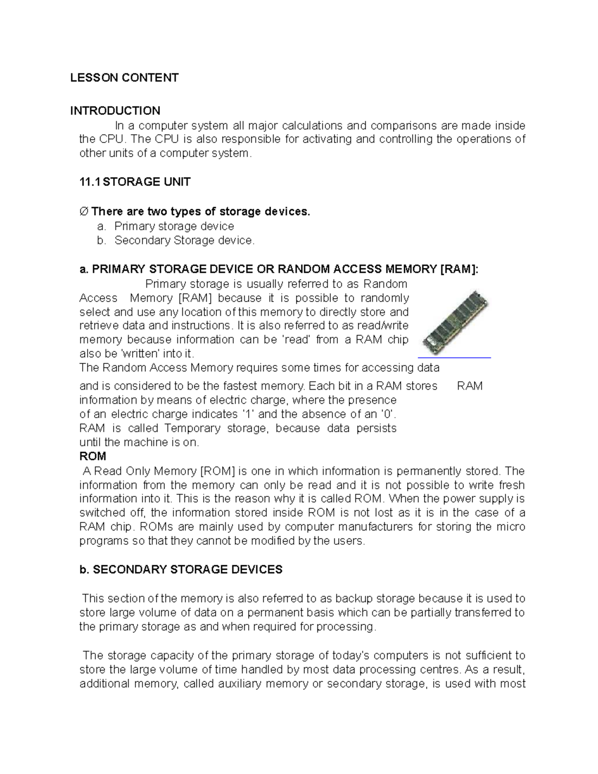 THE Storage UNIT AND CPU - LESSON CONTENT INTRODUCTION In a computer ...