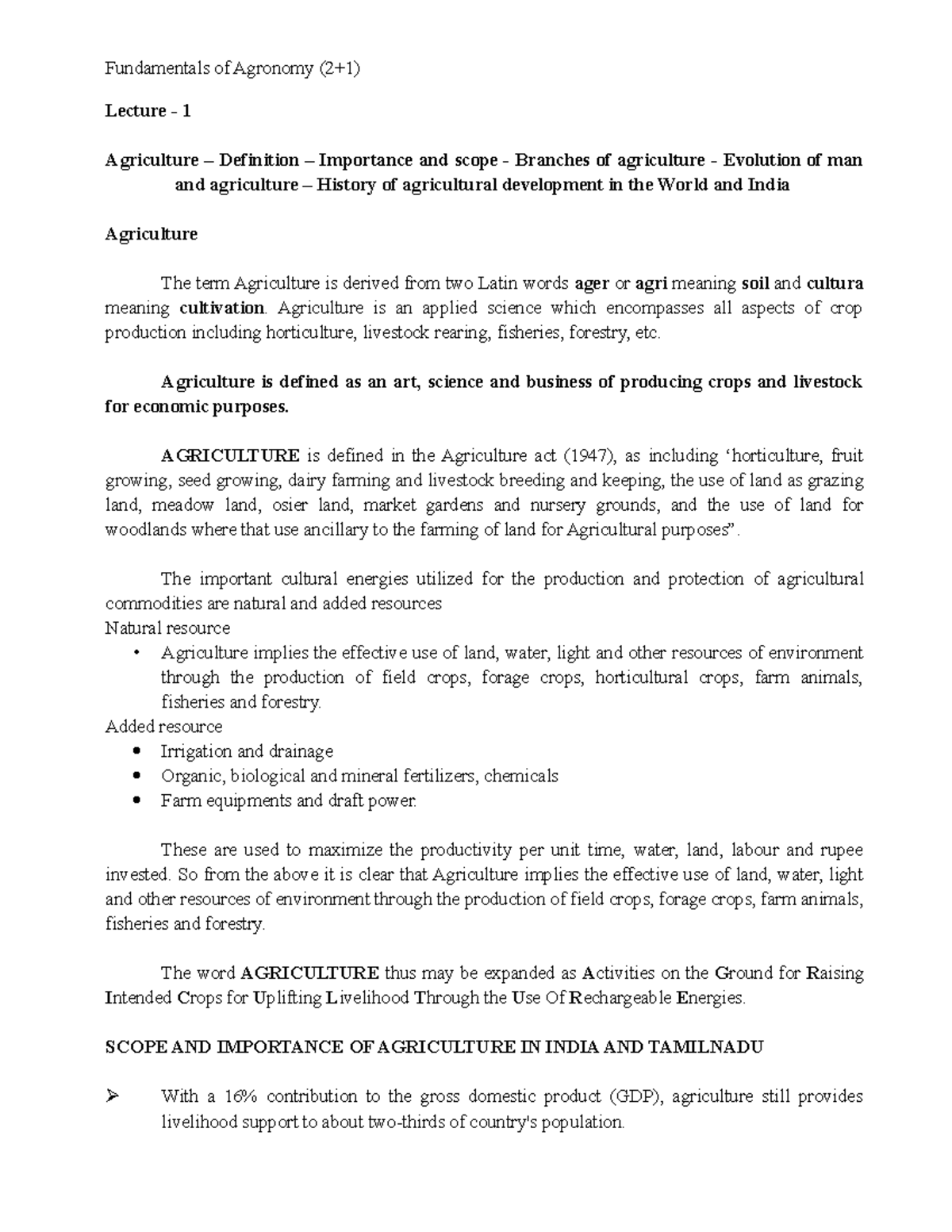 Lec 1 - Fundamentals of Agronomy (2+1) Lecture - 1 Agriculture ...