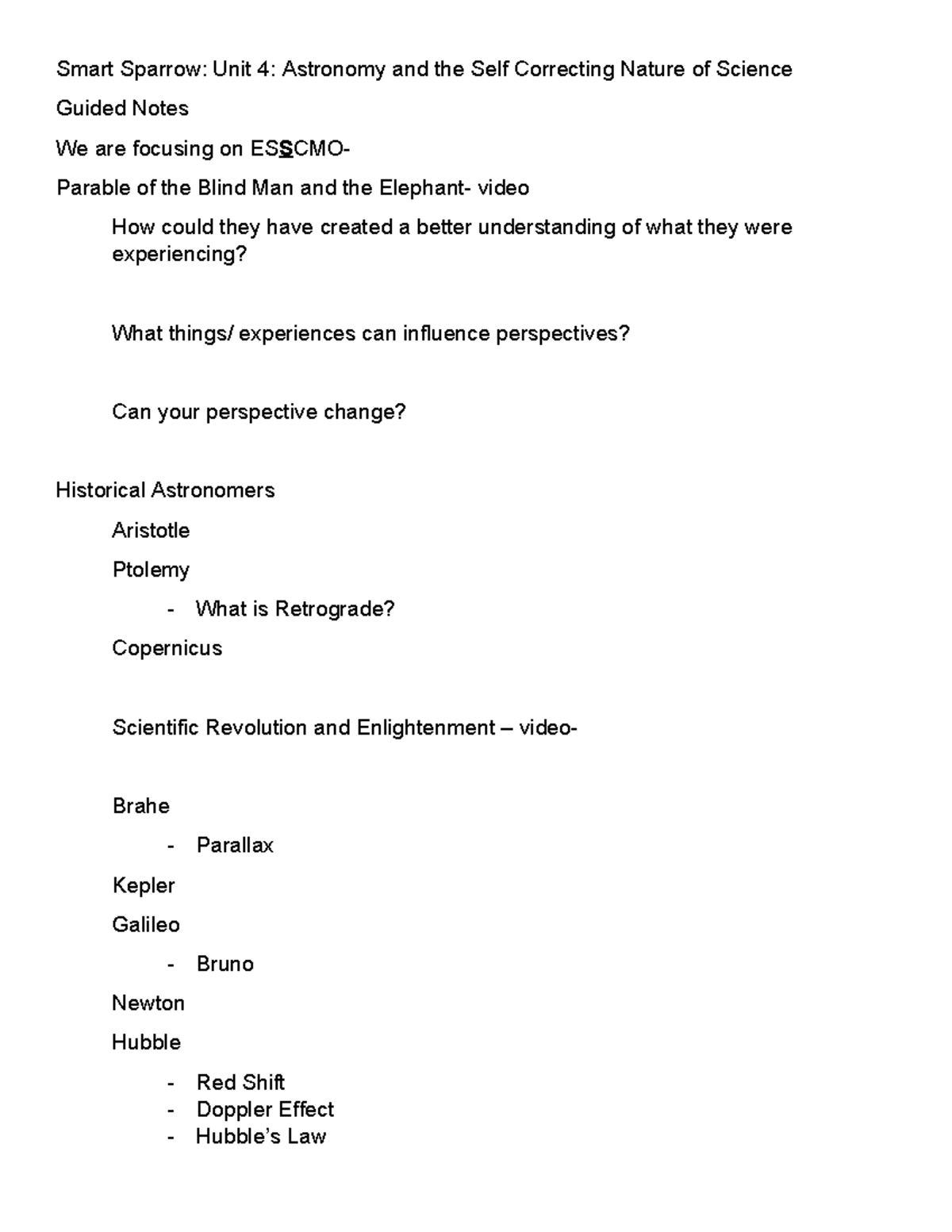 Guided Notes 4- Astronomy(1) - Smart Sparrow: Unit 4: Astronomy and the ...