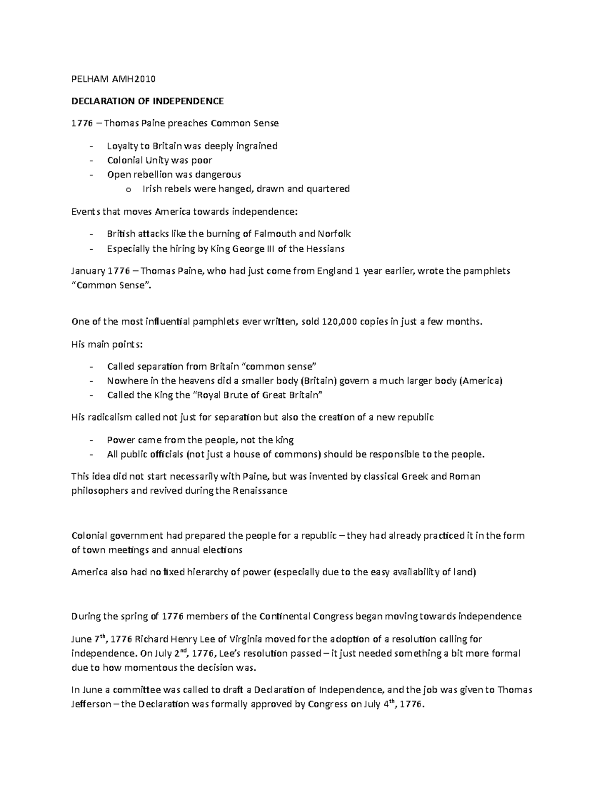 Declaration of Independence Lecture - PELHAM AMH DECLARATION OF ...