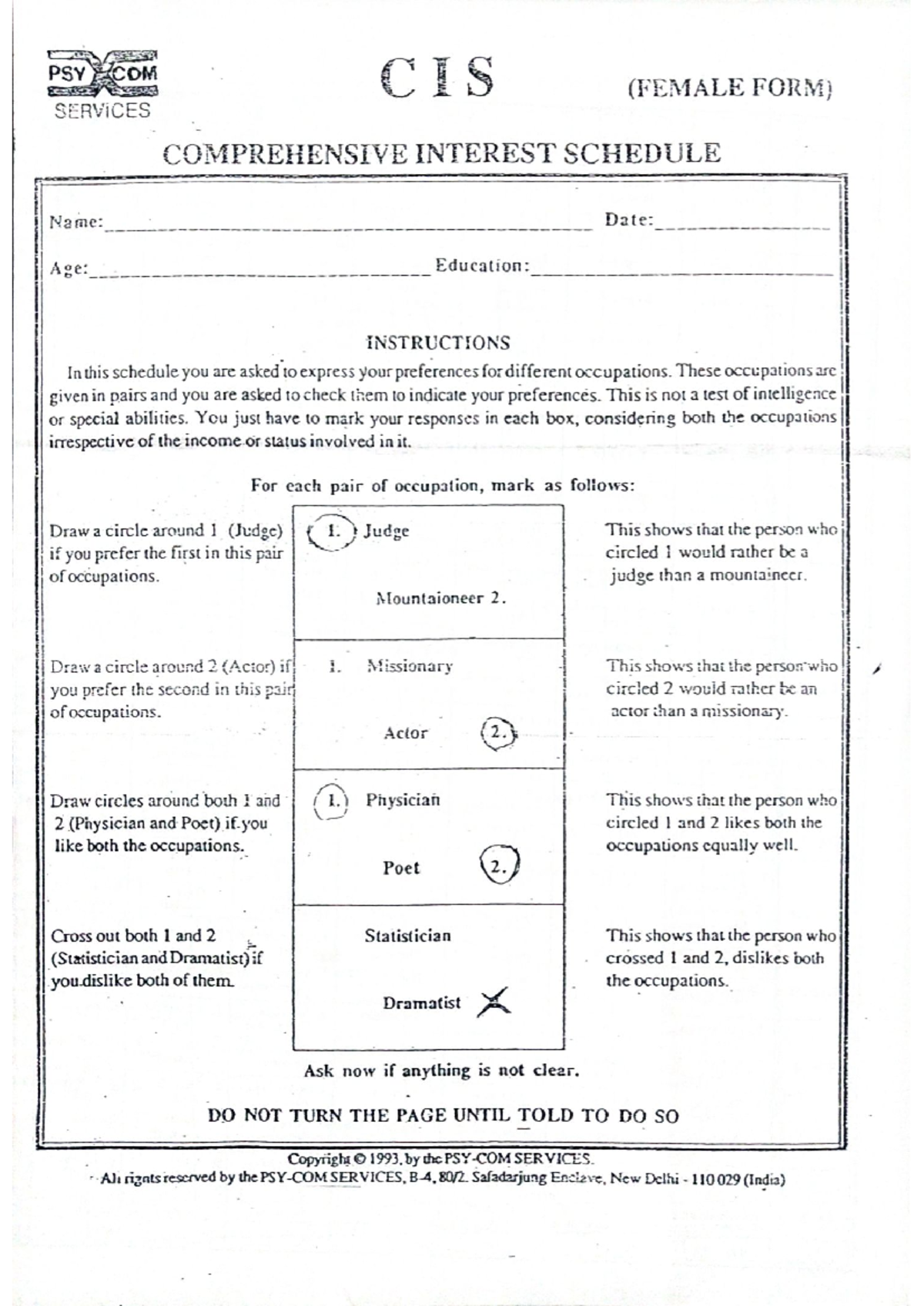 CIS Booklet - Comprehensive Interest Scale - PSY .COM CIS (FEMALE FORM ...