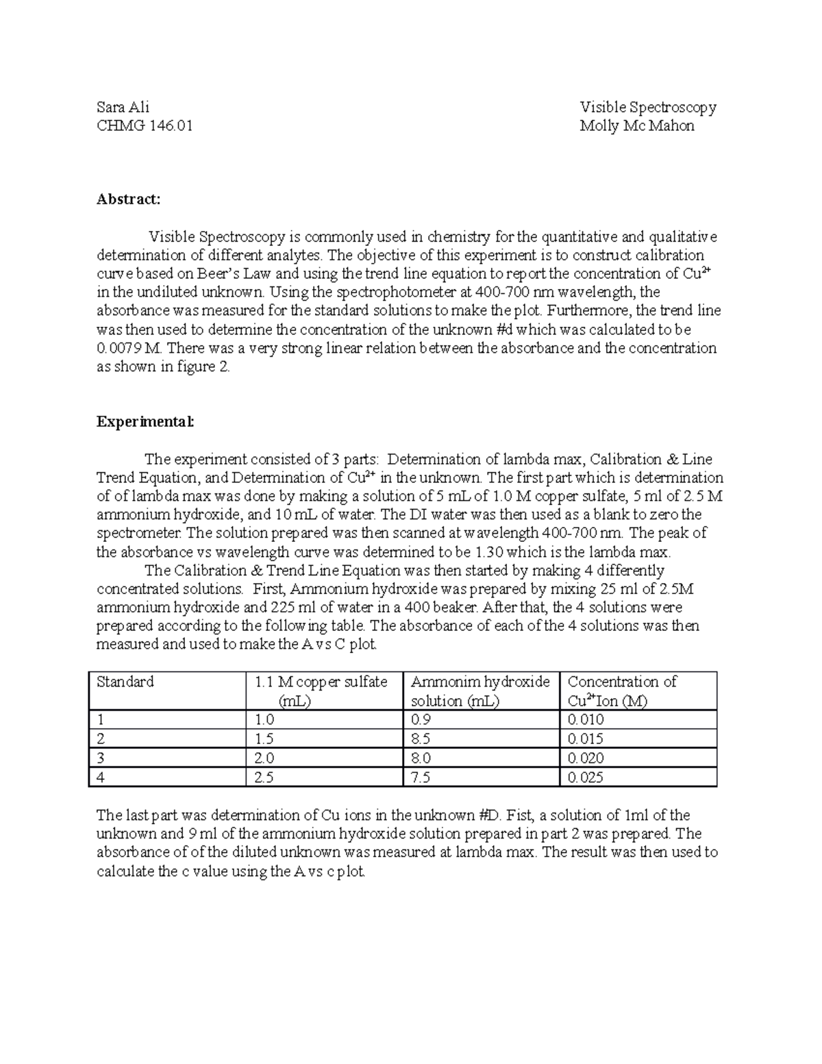 Lab Report 1 - Sara Ali Visible Spectroscopy CHMG 146 Molly Mc Mahon ...